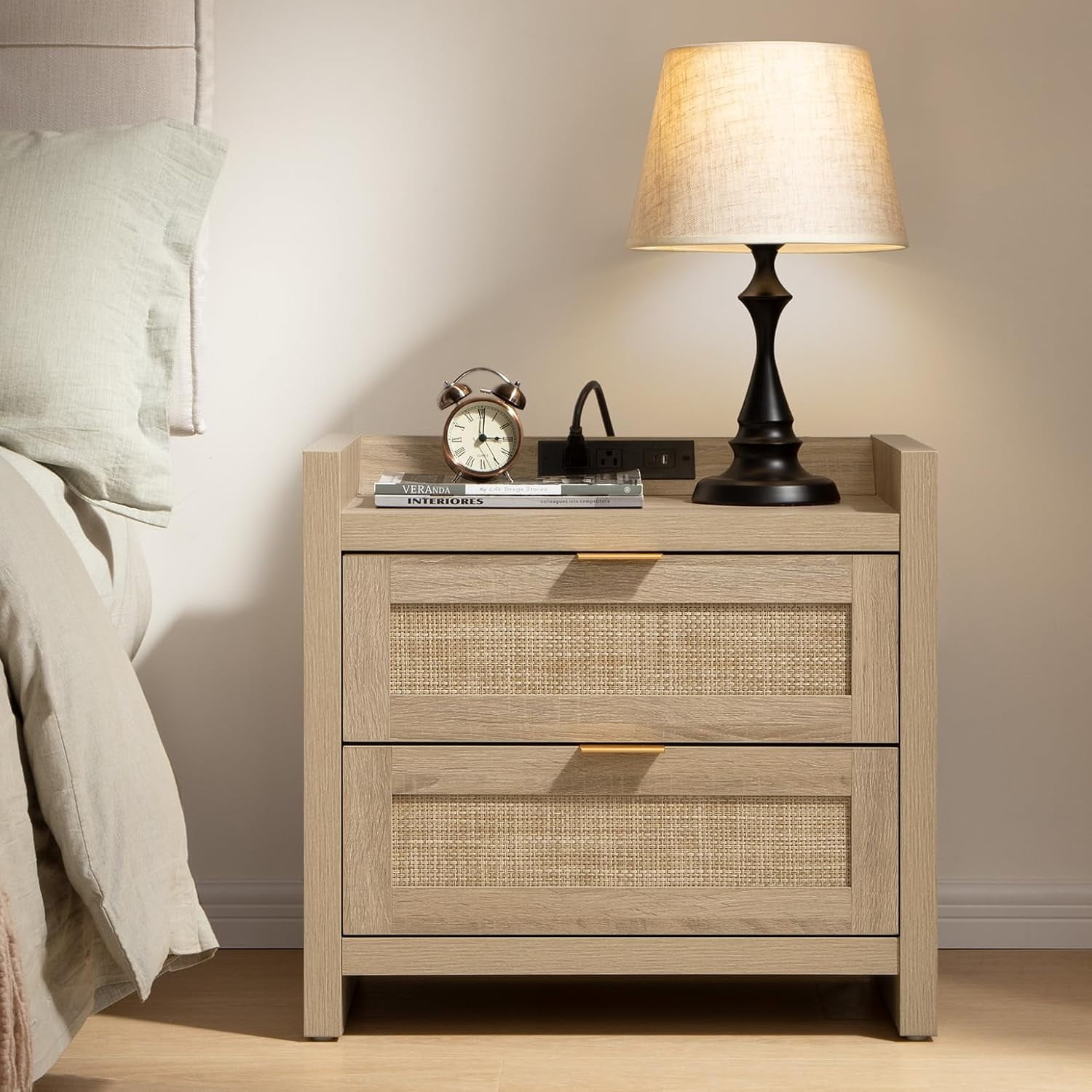 WANSHUN Rattan Nightstand Bedside Table - Night Stand with Type-C ...