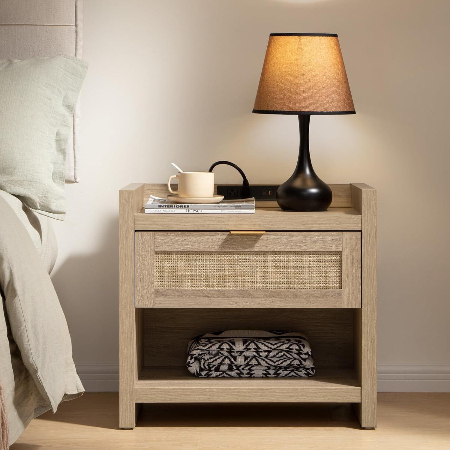 WANSHUN Rattan Nightstand End Table - Boho Night Stand Bedside Table ...