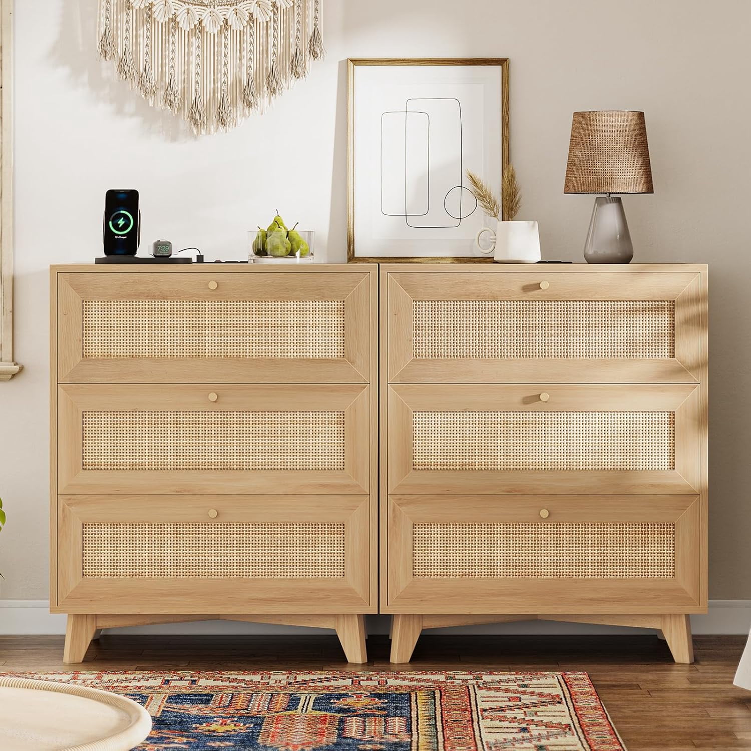 WANSHUN Rattan Nightstand Set of 2 with Charging Station, Natural ...