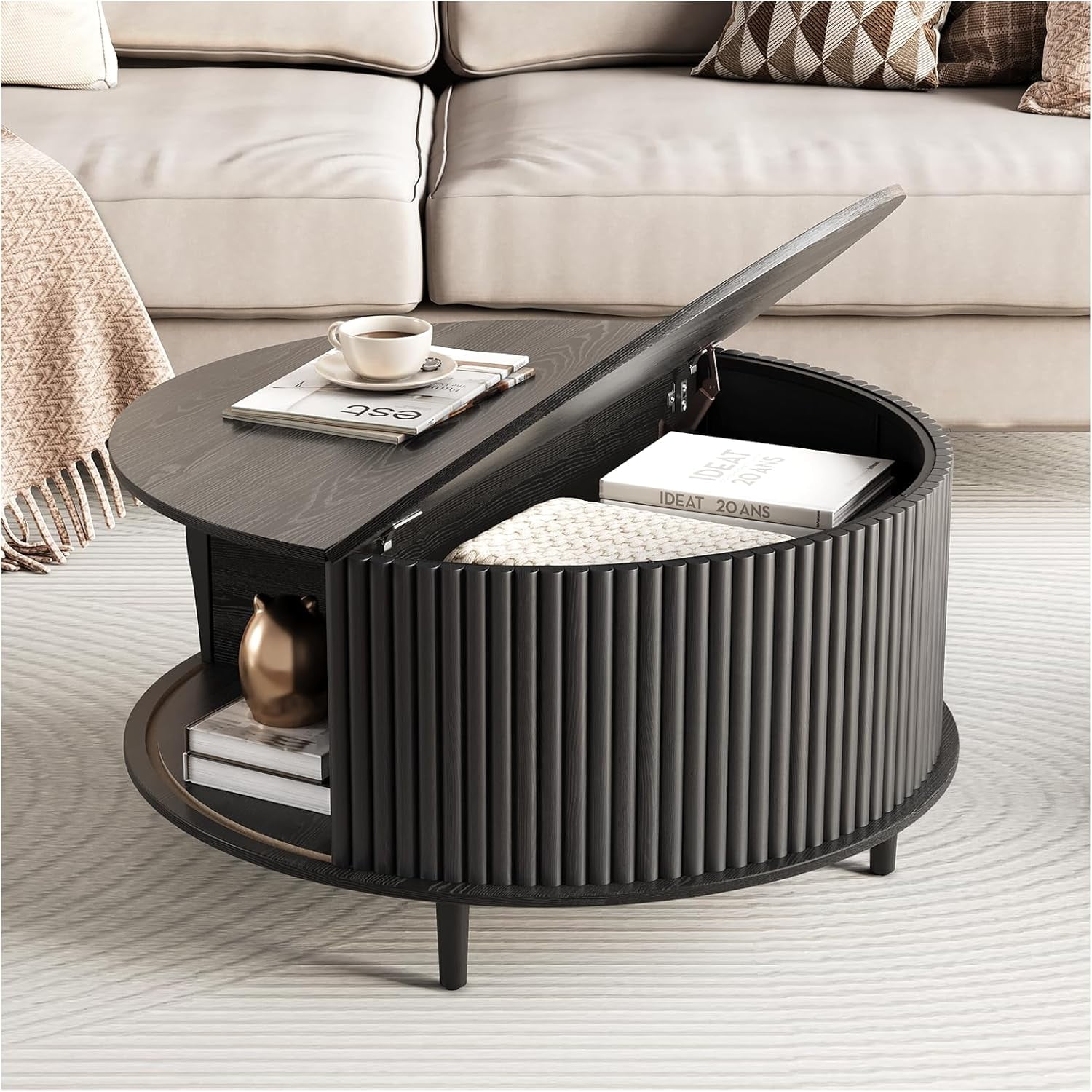 WANSHUN Round Coffee Table with Storage,Fluted Coffee Table for Living ...