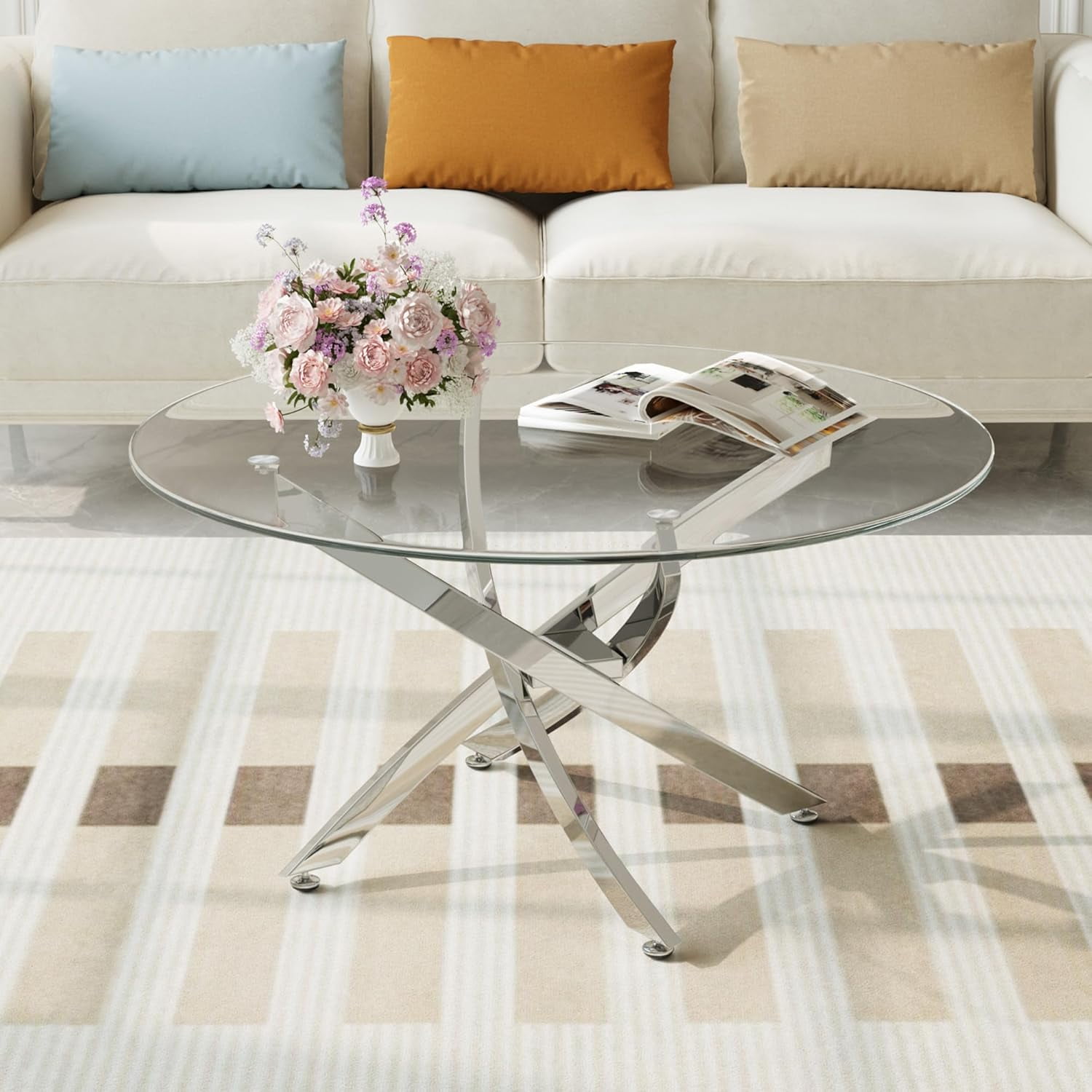 WANSHUN Round Glass Coffee Table, Modern 35" Circle Center Table with ...