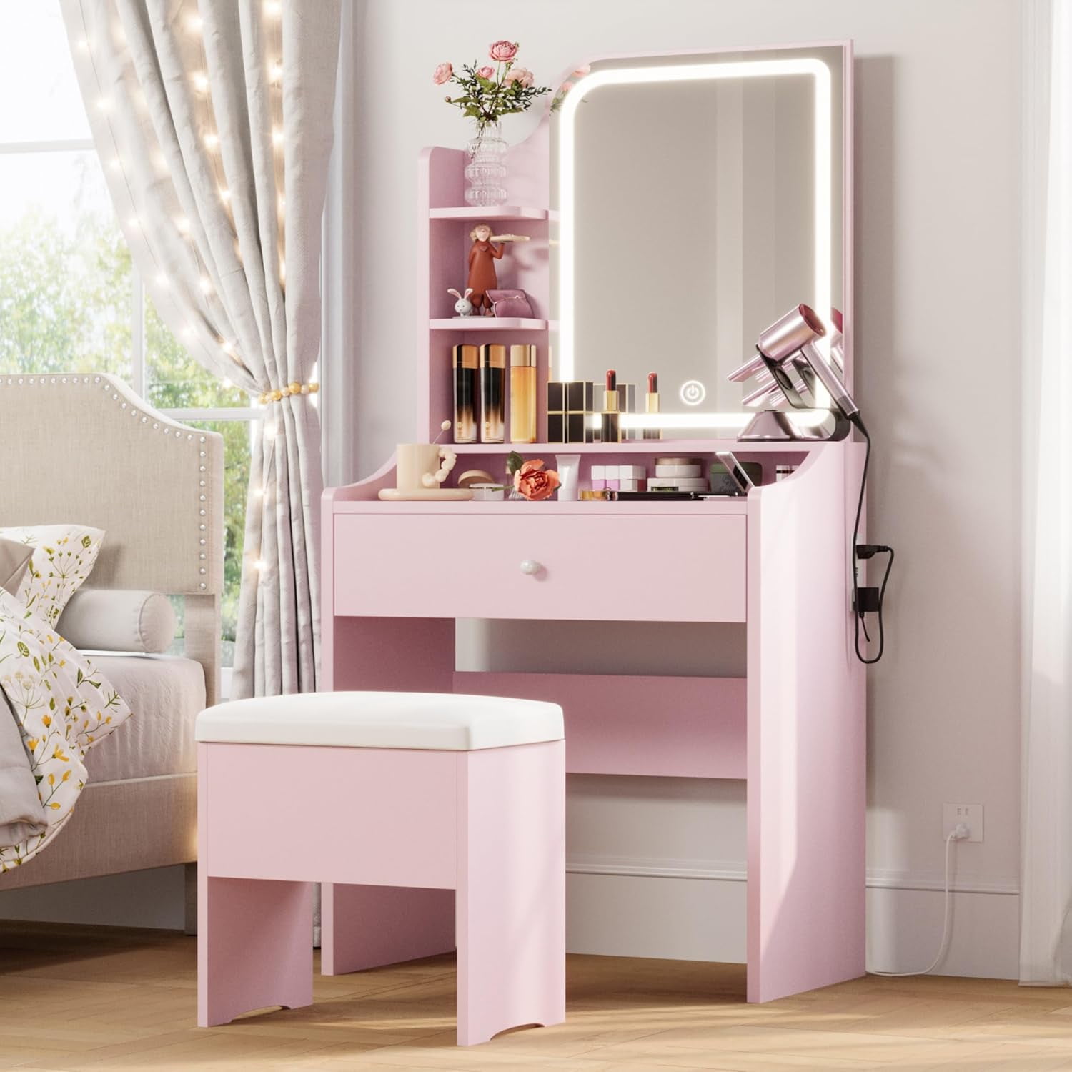 WANSHUN Small Makeup Vanity Desk with Mirror and Lights, Vanity Table ...