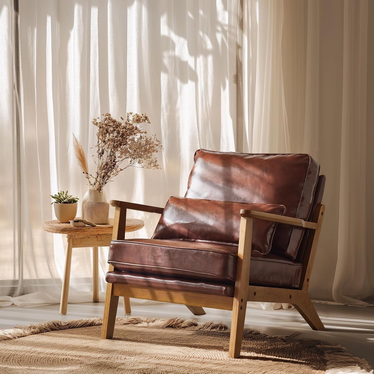 WANSHUN Solid Wood Wide Armrests Accent Chair,Upholstered Mid Century ...