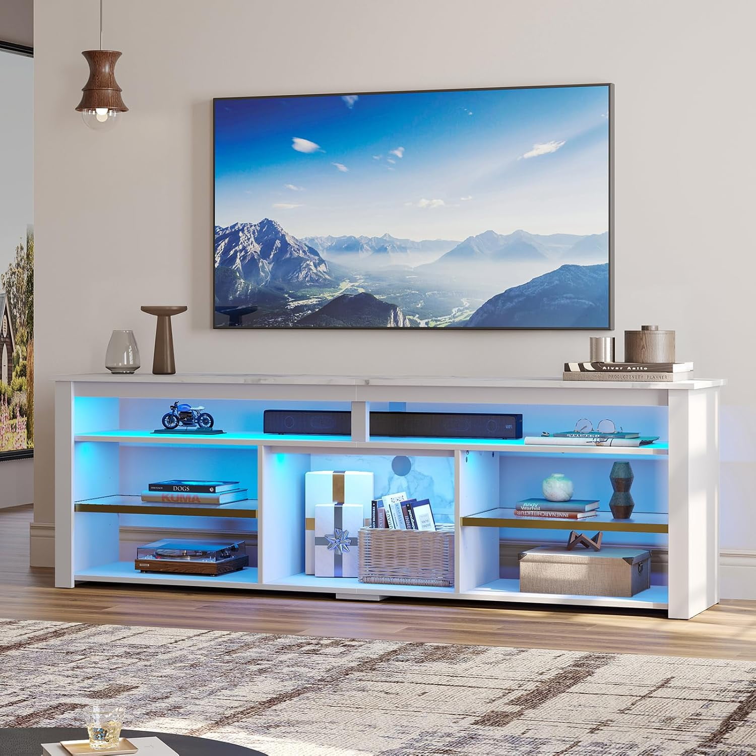 WANSHUN TV Stand for 75 inch TV, Tall LED Entertainment Center with ...
