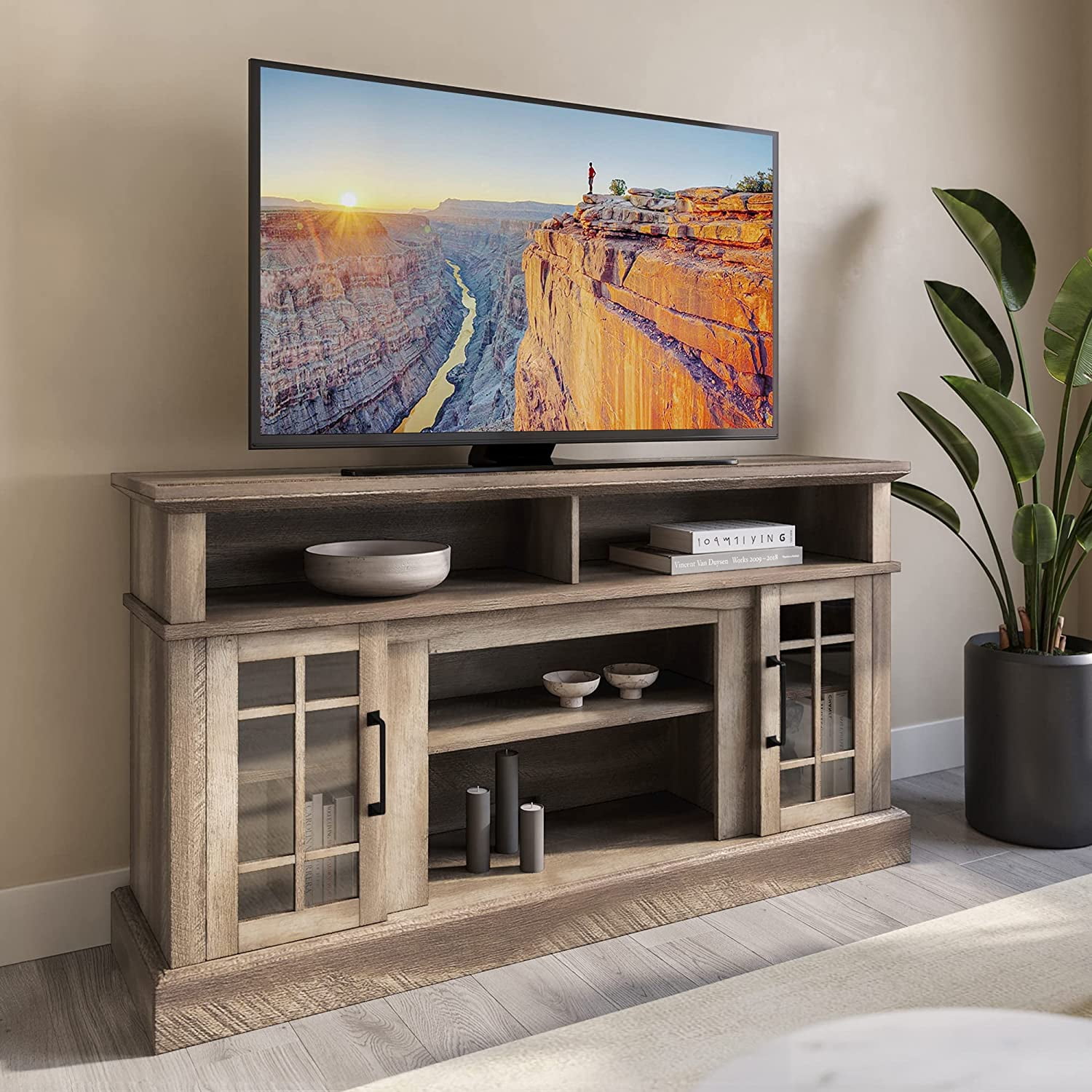 WANSHUN Traditional 58 Inch Rustic Wood TV Stand & Media Entertainment ...