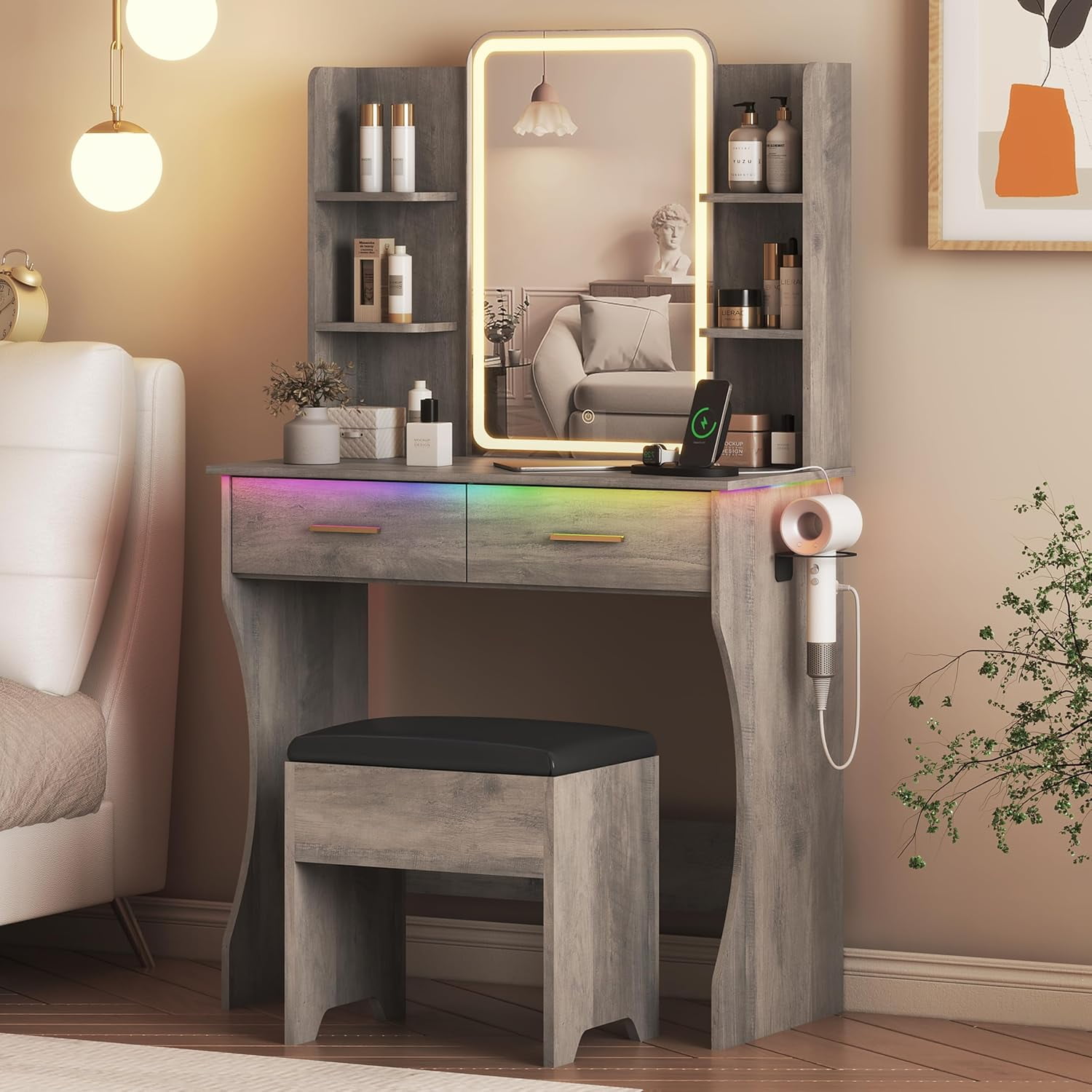 WANSHUN Vanity Desk with LED Lights Mirror & Power Outlet, Small Makeup ...