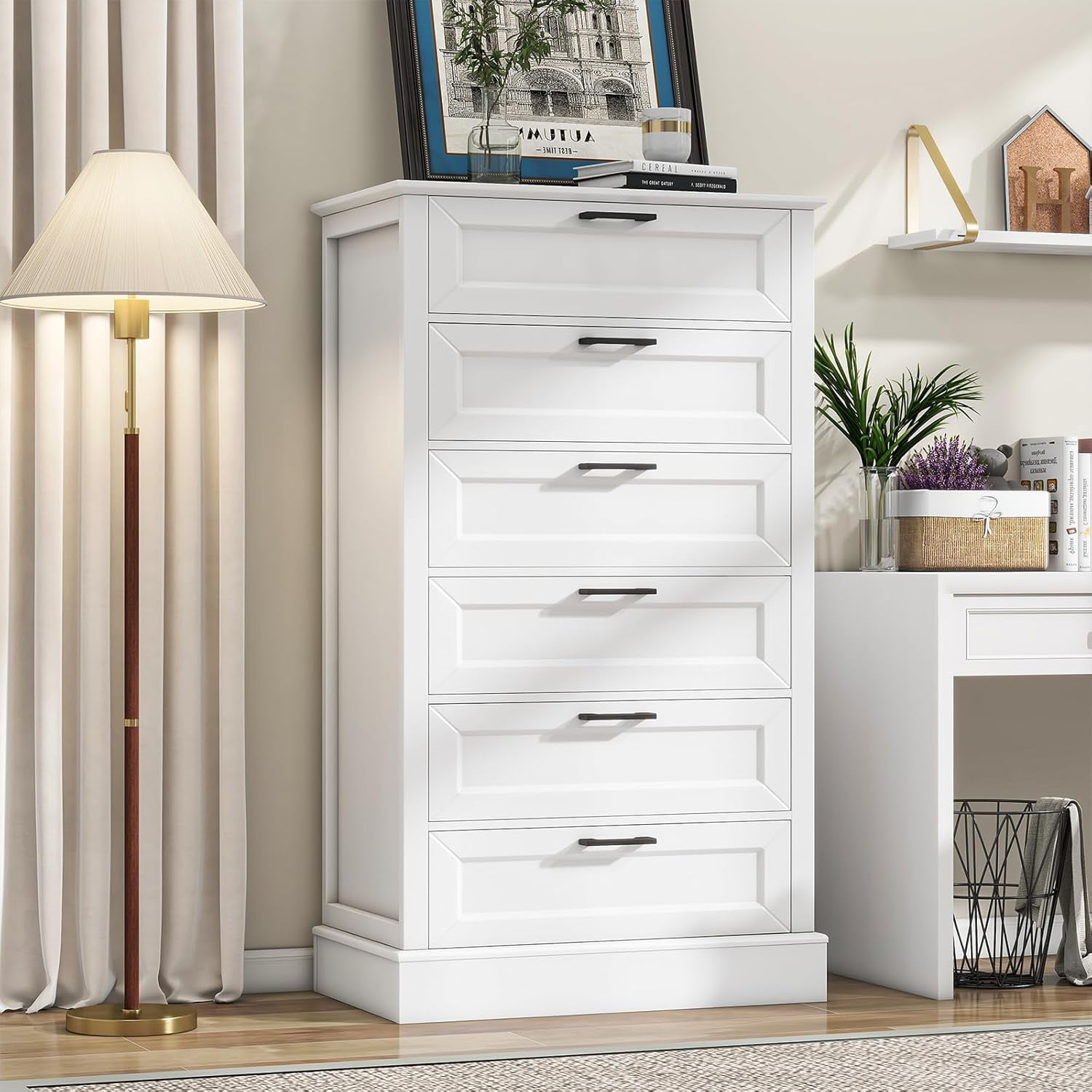 WANSHUN White 6 Drawer Dresser, 55 Inch Tall White Dresser for Bedroom ...