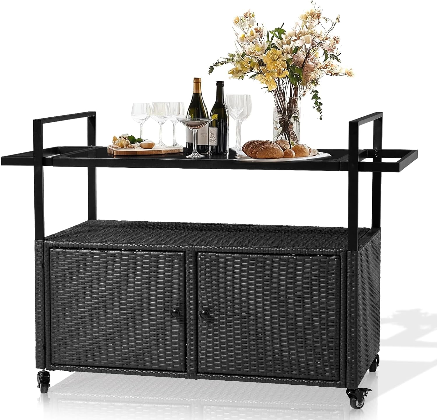 WANSHUN Wicker Outdoor Bar Cart with Storage and Wheels, Outdoor Bar ...