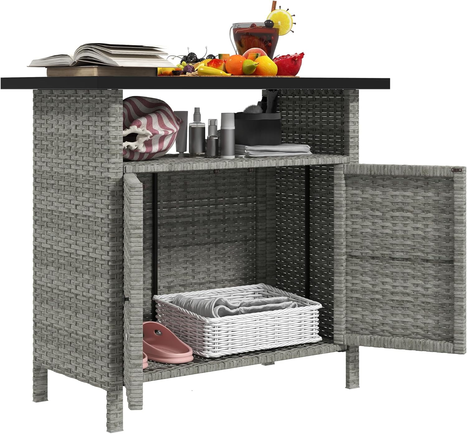 WANSHUN Wicker Outdoor Storage Cabinet, Rattan Outdoor Bar Table with 2 ...