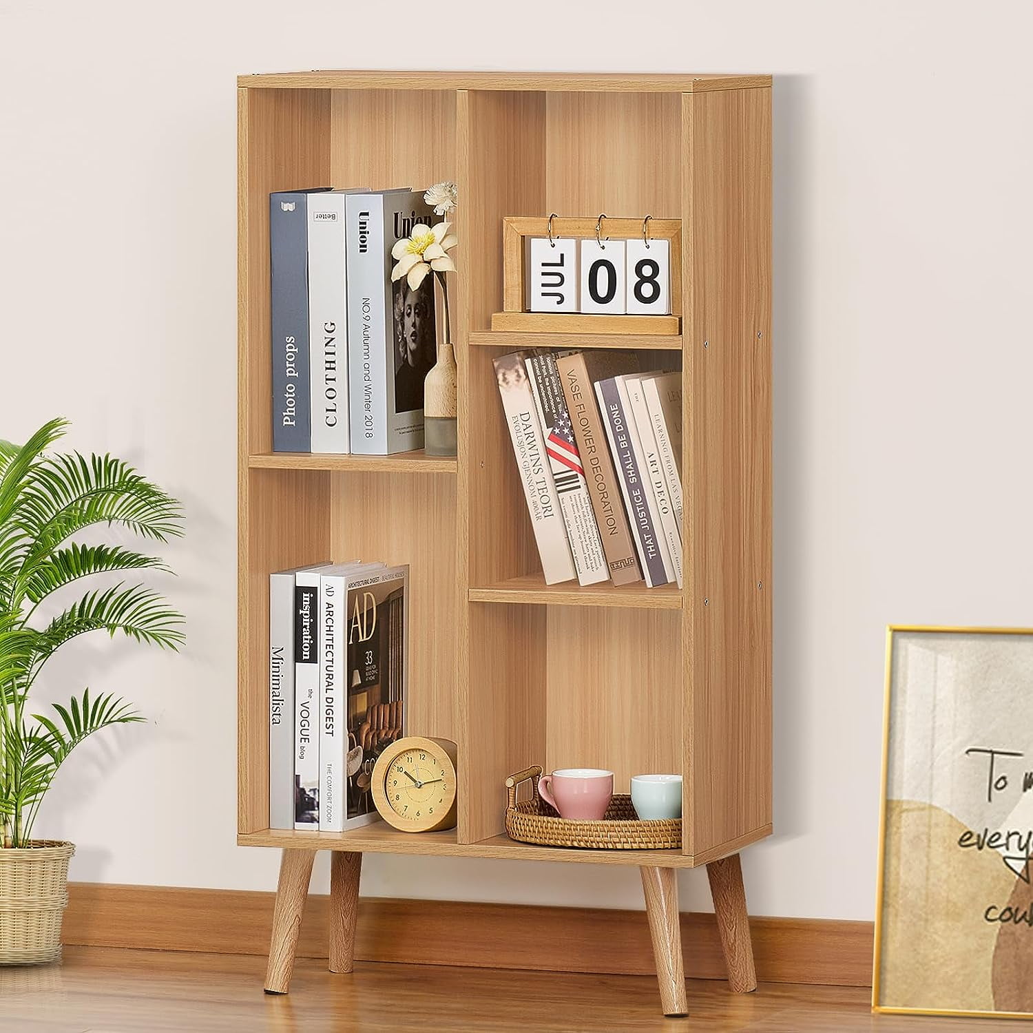 WANSHUN Wooden 5 Cube Bookshelf, Natural 3 Tier Book Shelf with Legs ...