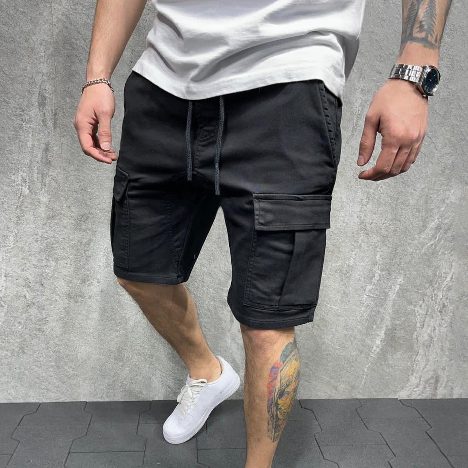 Wanyng Mens Summer Casual Slim Solid Cargo Pant Drawstring Shorts With