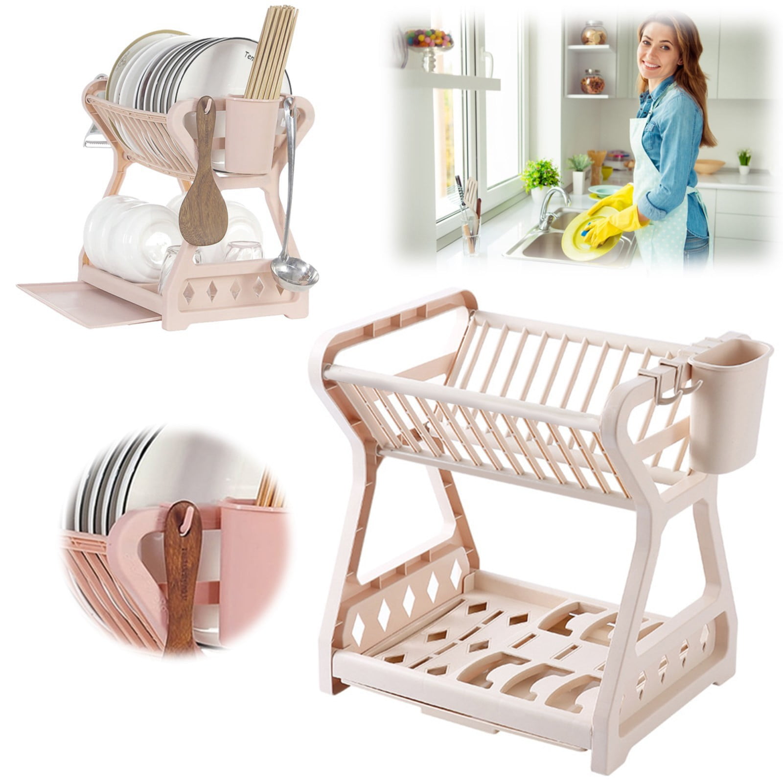 WAOTIER Dish Holder,Compact Plastic 2 Tier Sink Dish Drying Rack for ...