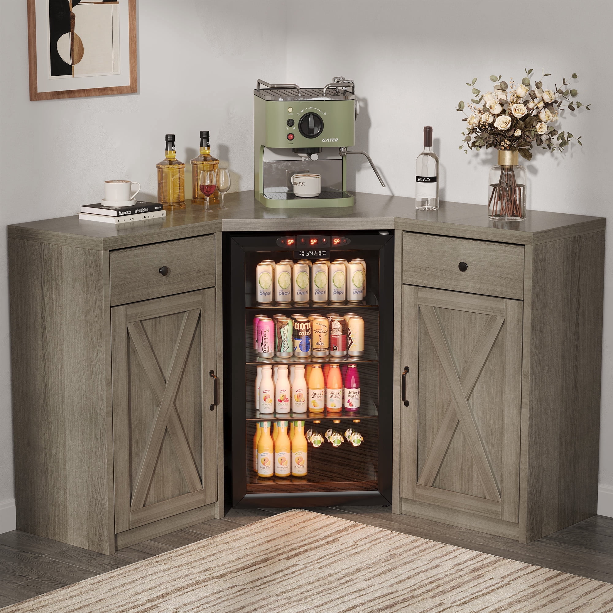 WARAYZ Corner Coffee Bar Cabinet with Fridge Space, Corner Storage ...