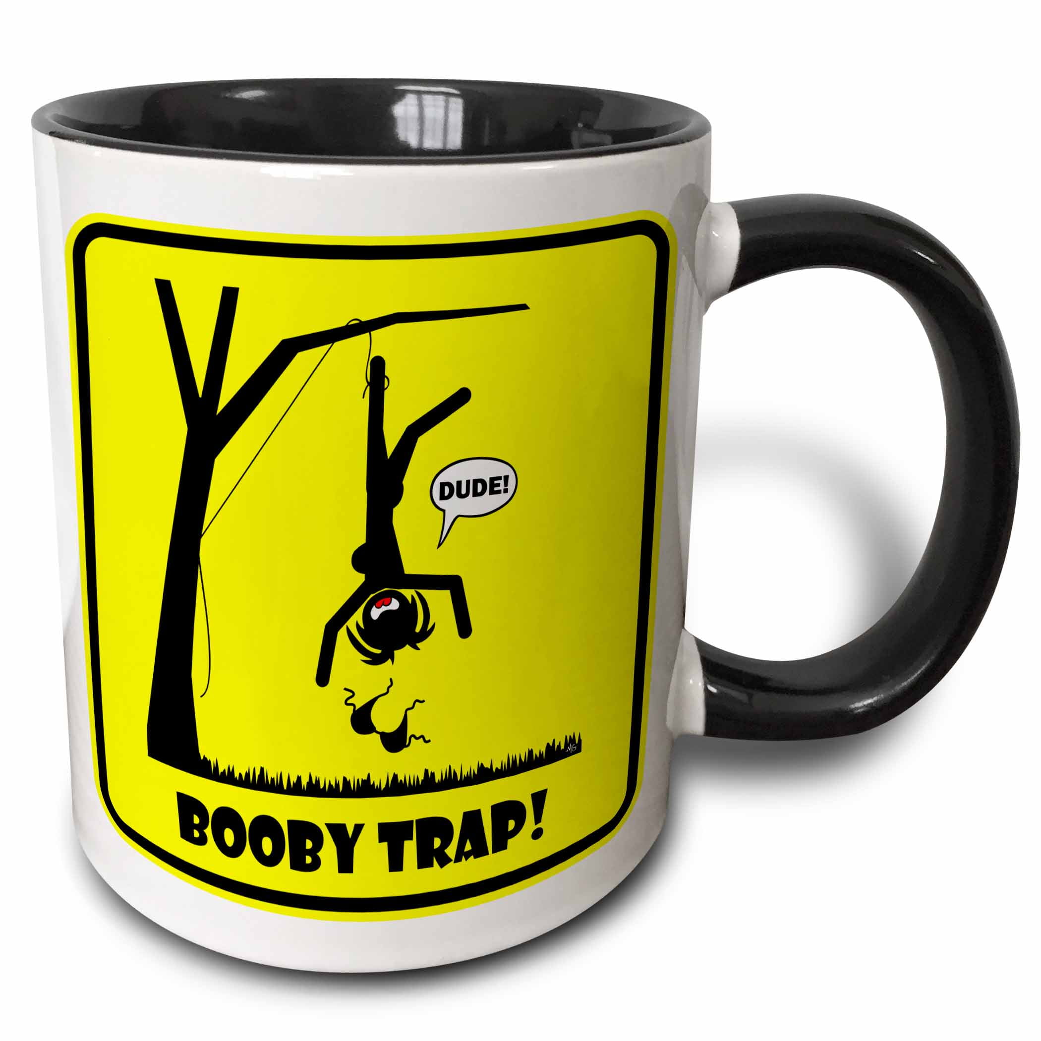 WARDROBE MALFUNCTION booby trap yellow sign 2 11oz Two-Tone Black Mug ...