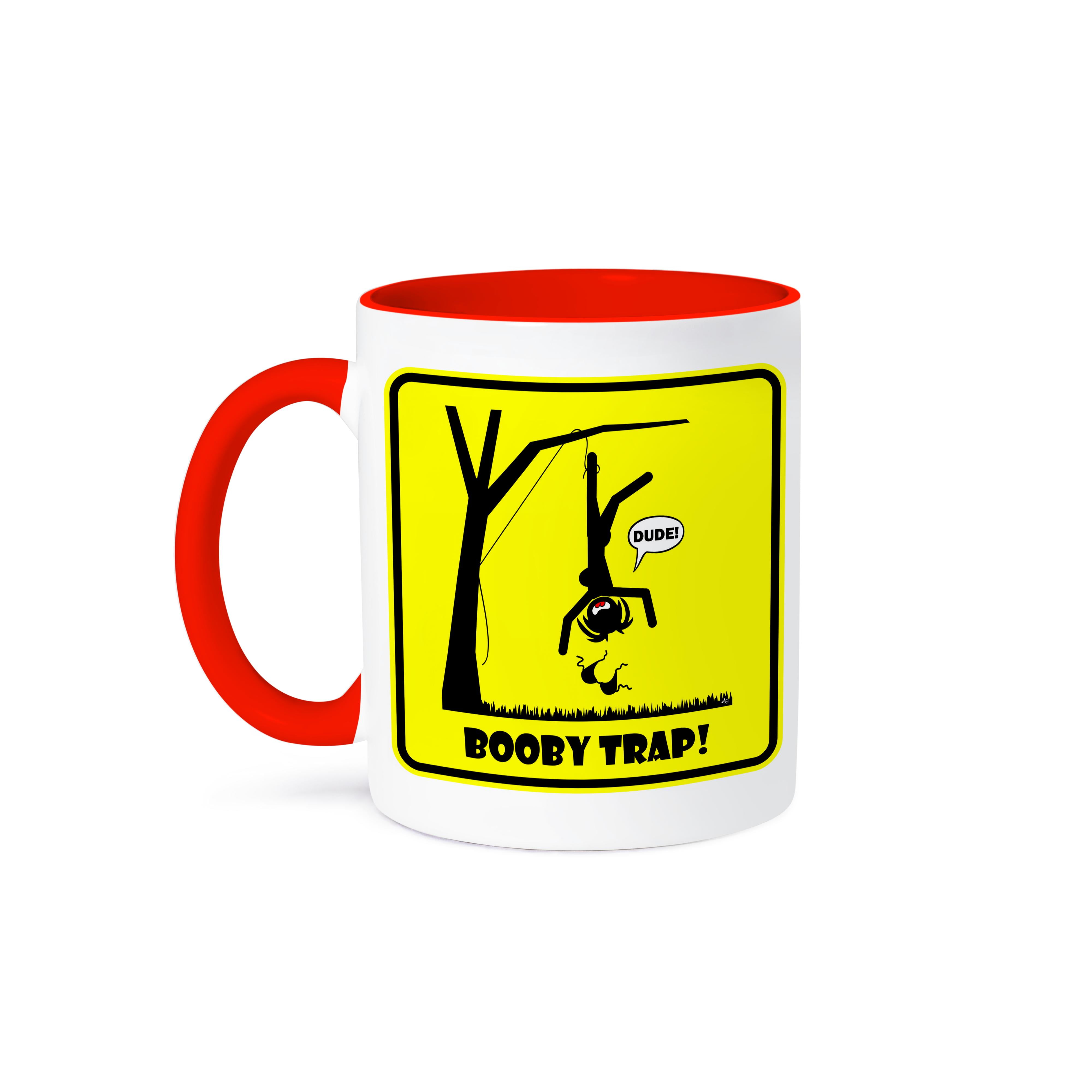 3dRose, WARDROBE MALFUNCTION booby trap yellow sign 2, 15oz Two-Tone ...