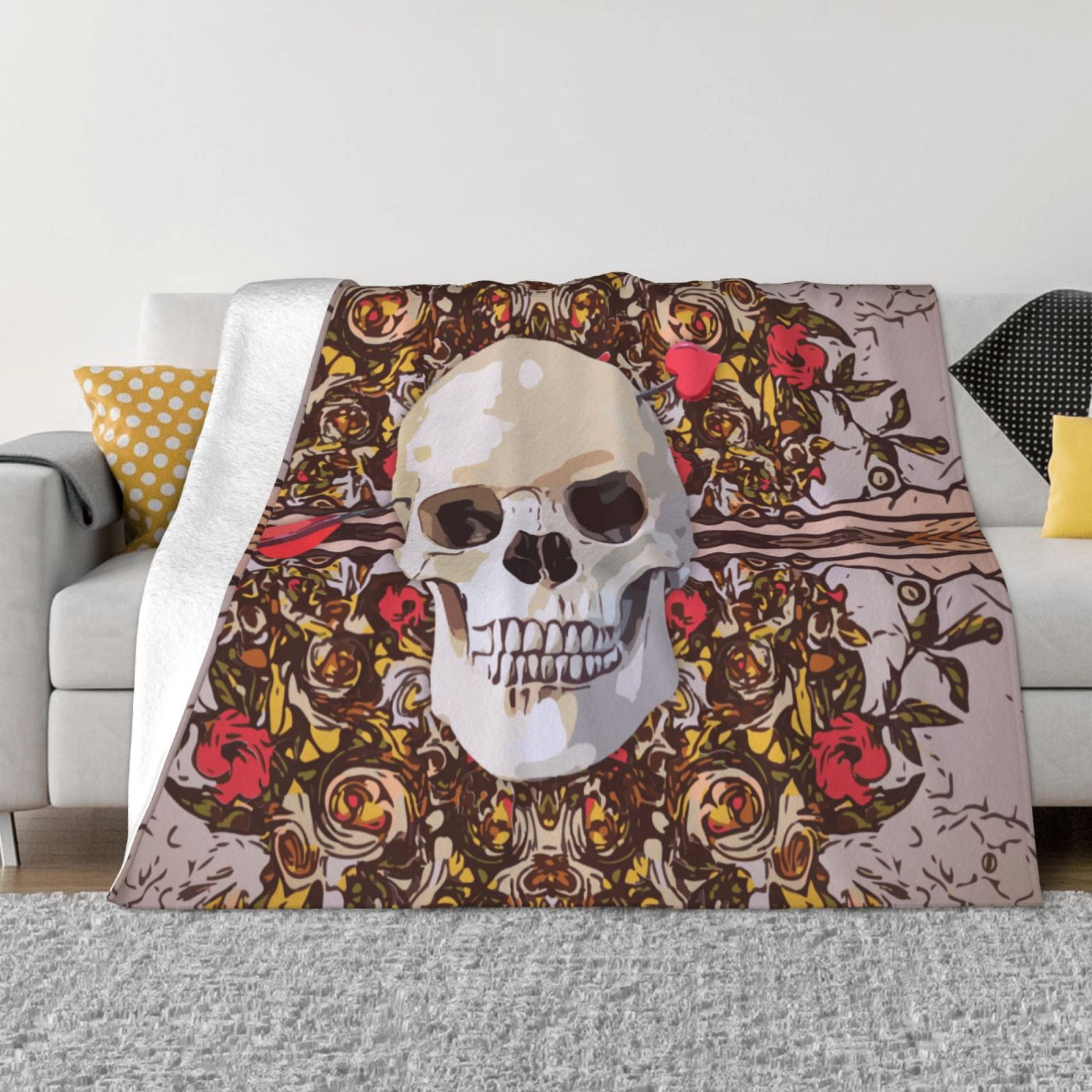WARHOOME Throw Blanket for Bed Couch, Warm Cupid Rose Skull Pattern ...