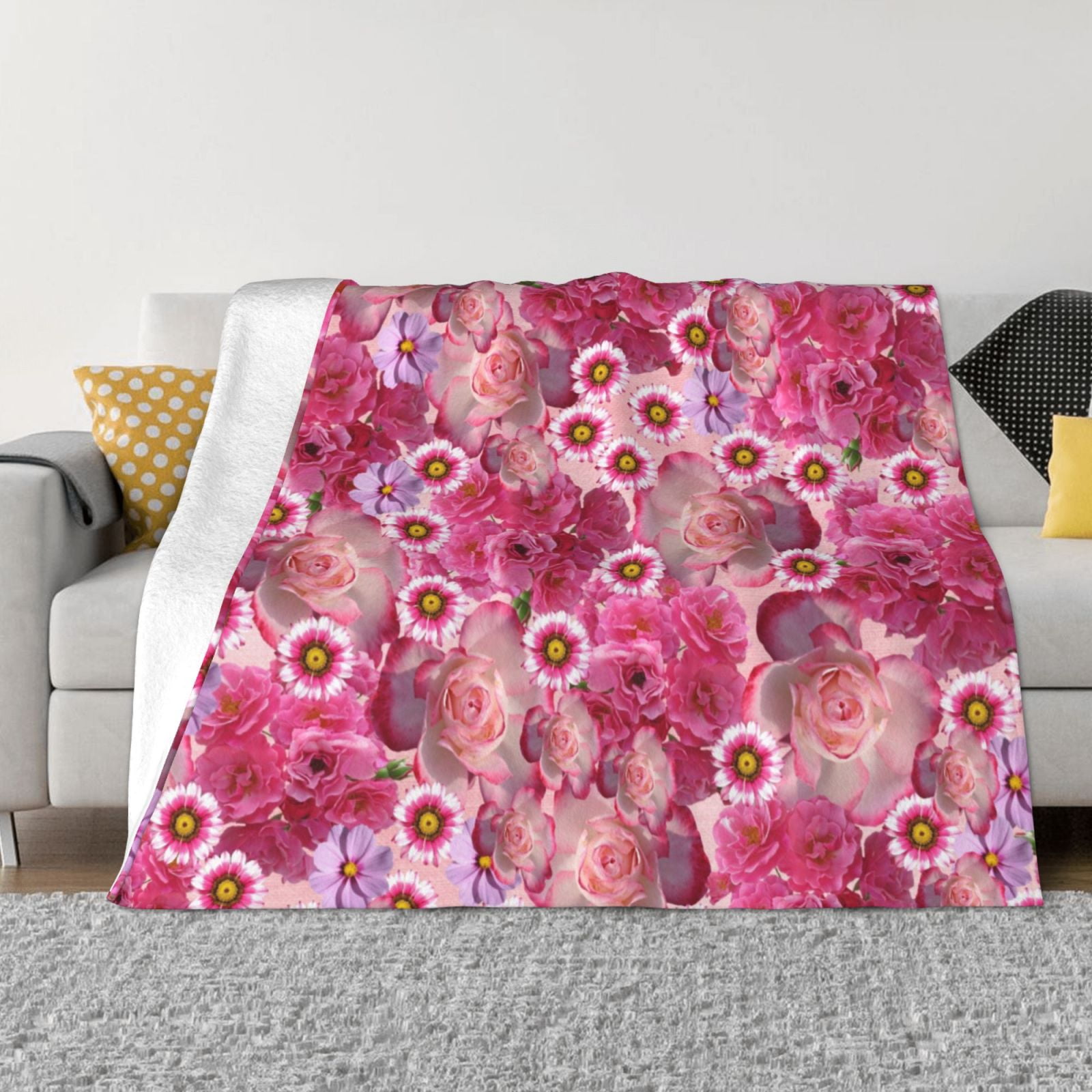 WARHOOME Throw Blanket for Bed Couch, Warm Pink Rose Plant Print ...