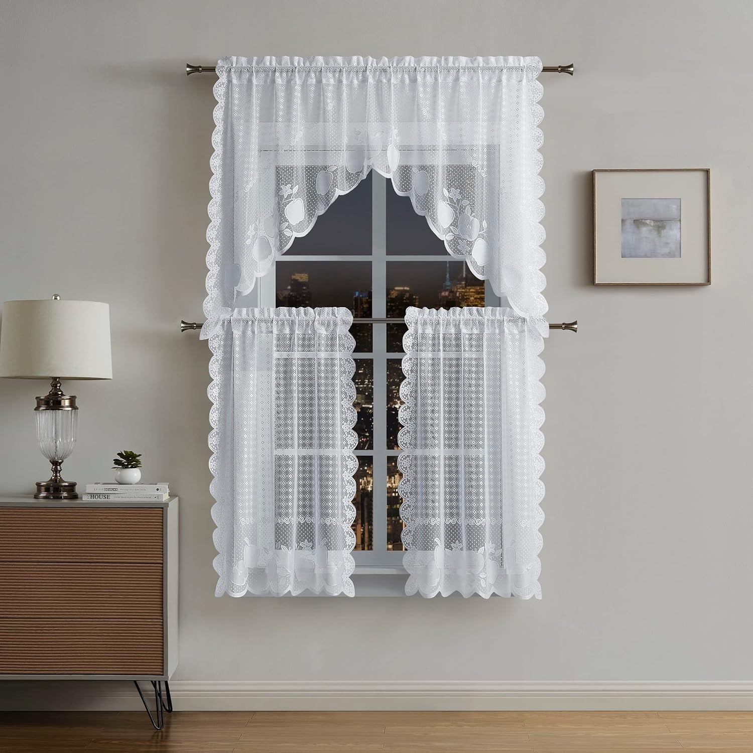 WARM HOME DESIGNS 3 Piece White Apple Kitchen Window Curtains Bundle ...