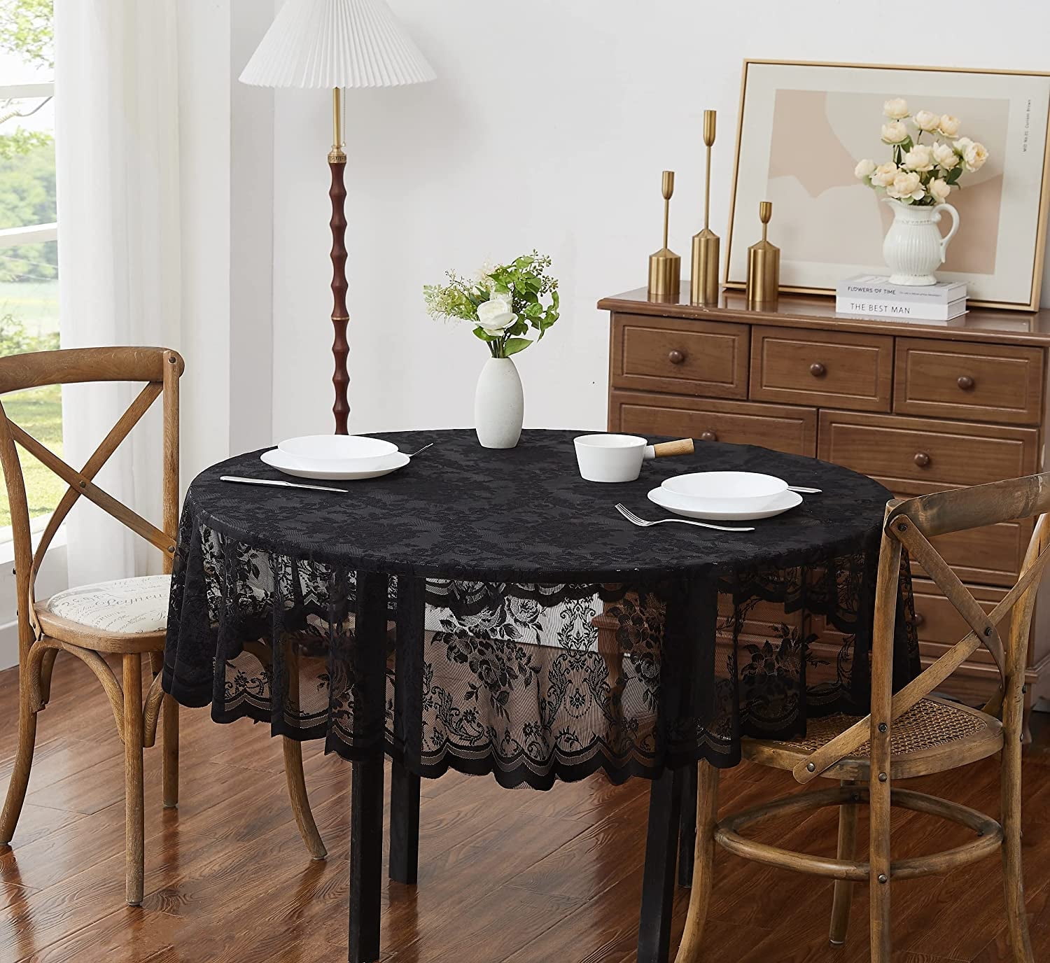 WARM HOME DESIGNS 60 Inch Round Black English Rose Lace Tablecloth. LTC ...