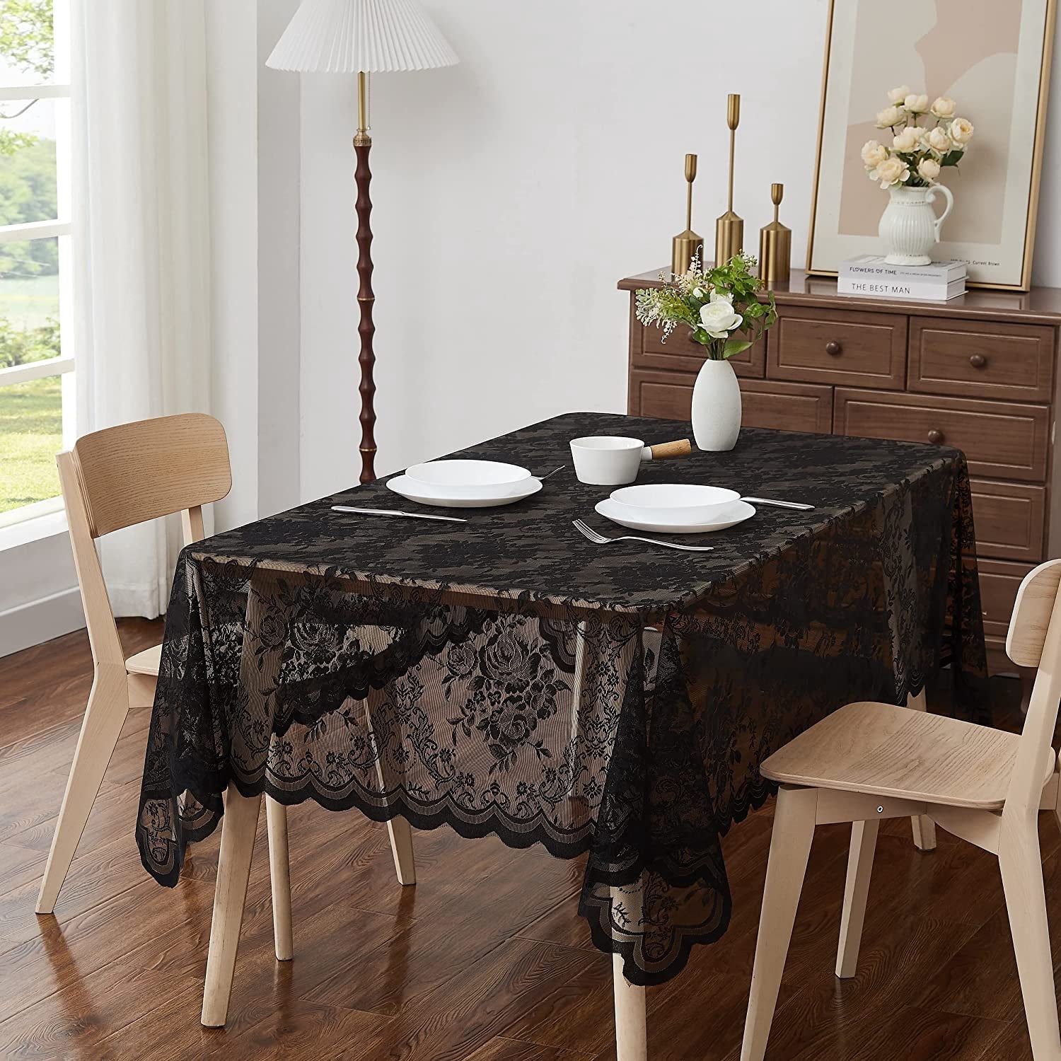 WARM HOME DESIGNS 60 x 120 Black English Rose Rectangle Lace Tablecloth ...