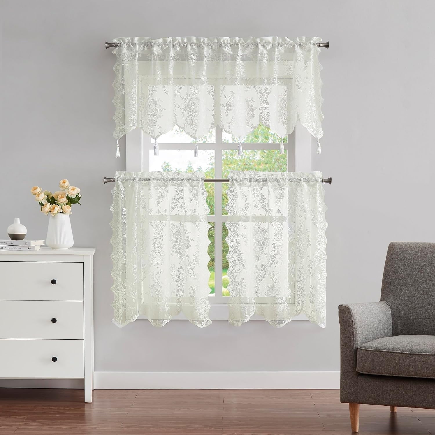 WARM HOME Designs 3 Piece Ivory Lace Kitchen Curtains and Valances Set ...