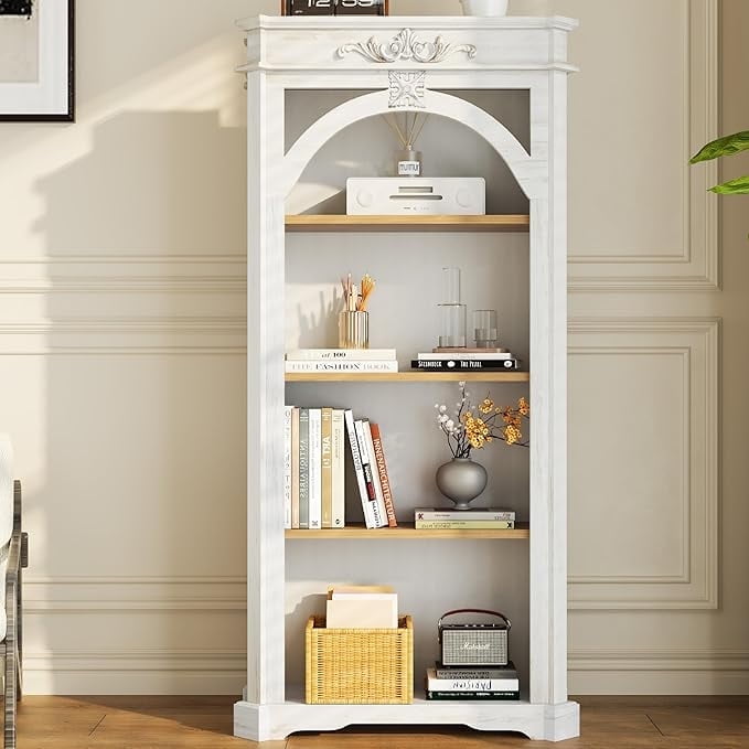 WARMMUSE Antique 4-Tier Bookshelf, 65" White Vintage Tall Floor ...