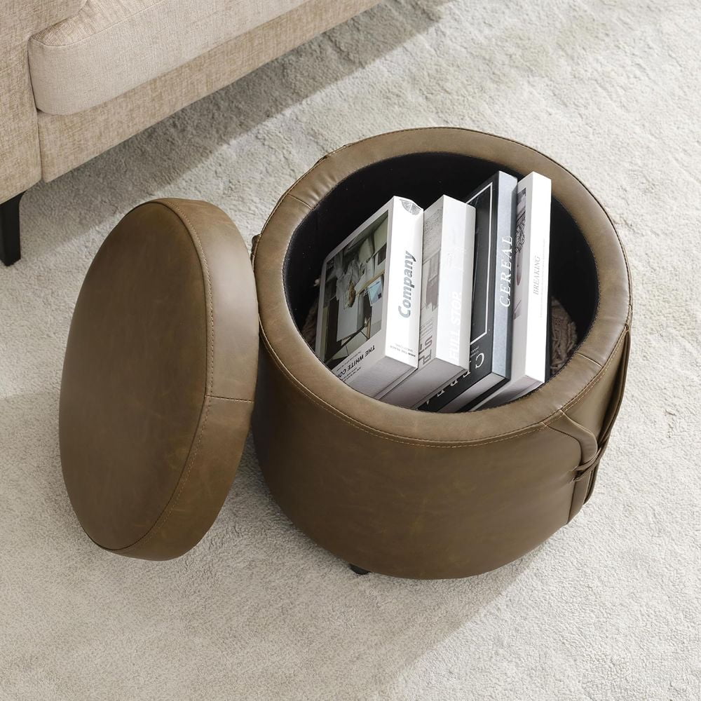 WARMMUSE Small Round Storage Ottoman, 16.5" Faux Leather Upholstered ...