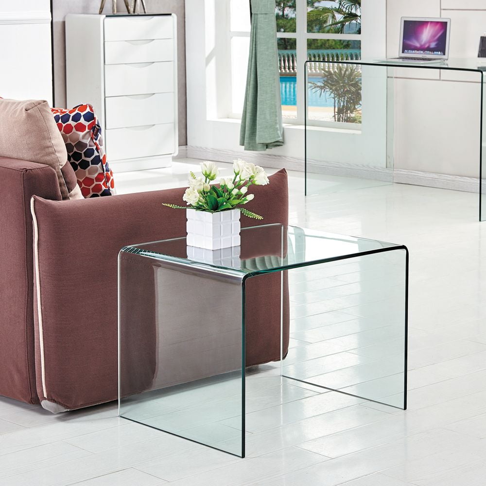WARMMUSE Transparent End Table, Multipurpose Tempered Clear Bent Glass ...