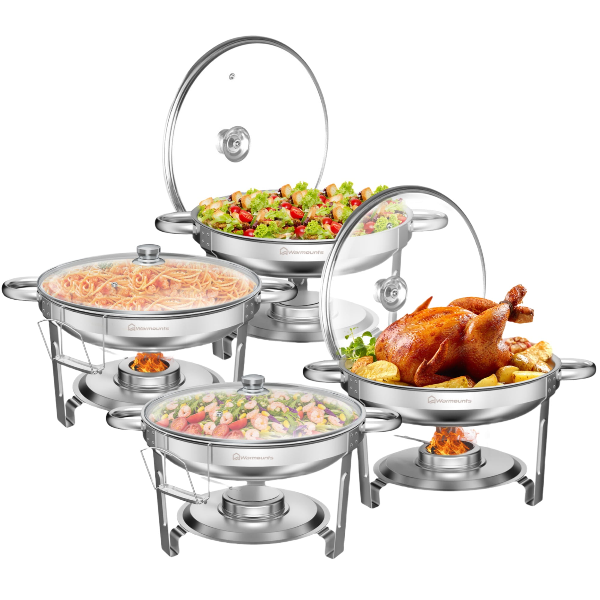 WARMOUNTS 4-Pack 5QT Round Chafing Dish Set, 95% Assembled, Stainless ...