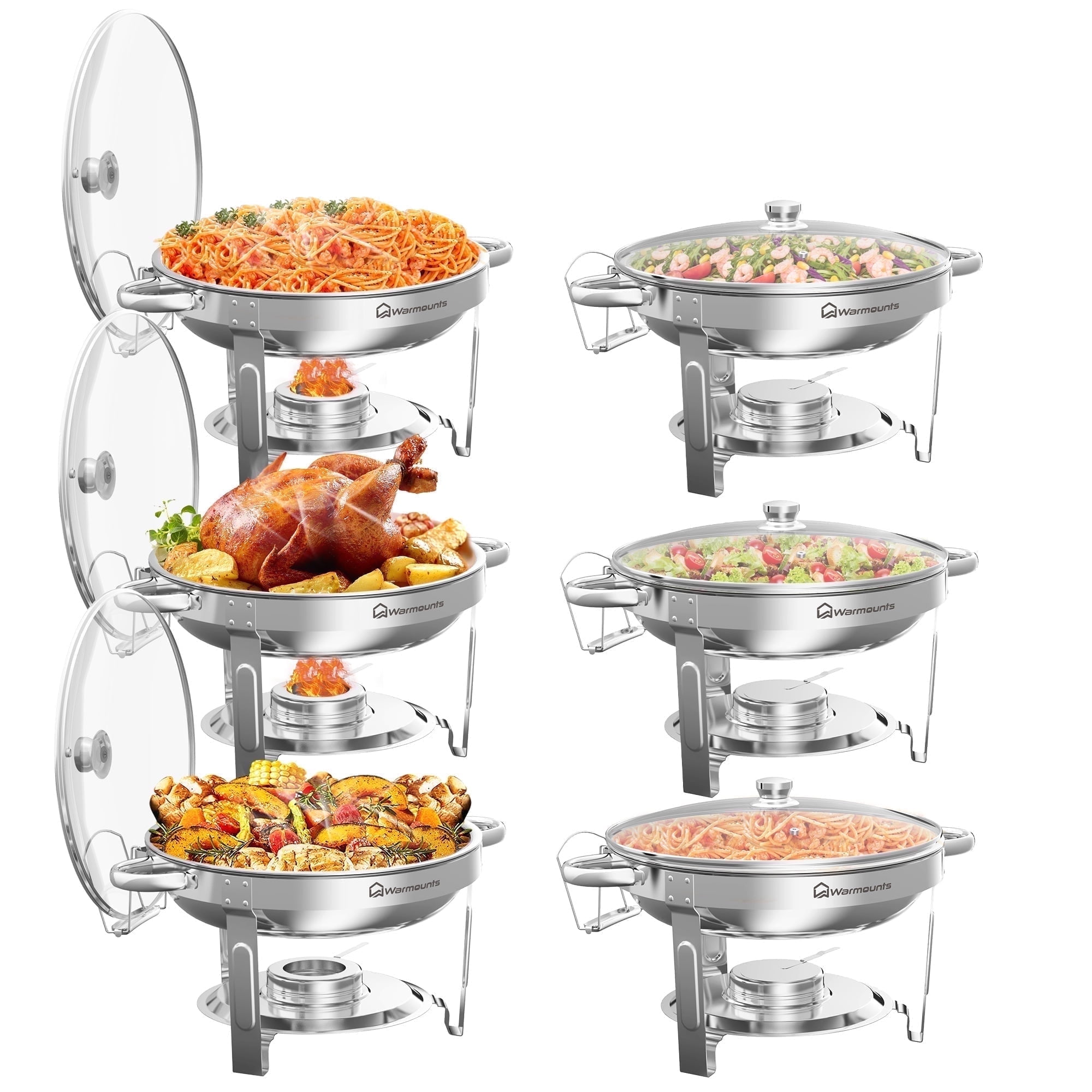 WARMOUNTS 6-Pack Chafing Dish Buffet Set, 5QT Round Buffet Servers and Warmers Set, Stainless ...