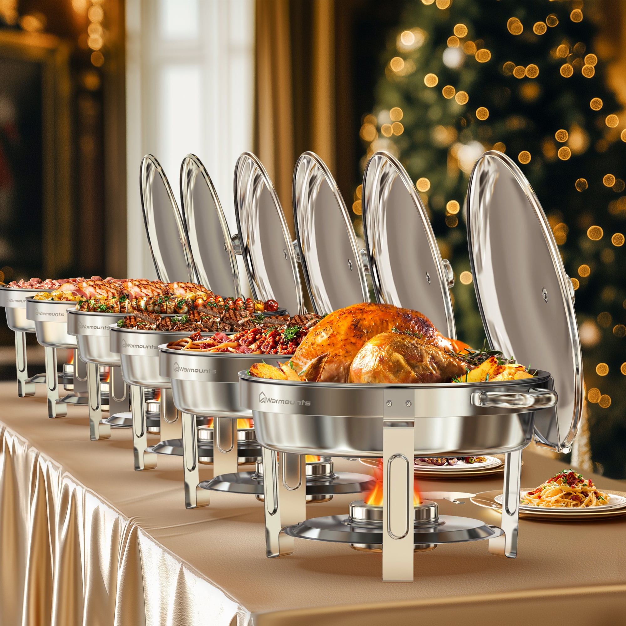 WARMOUNTS 6-Pack 5QT Round Stainless Steel Chafing Dish Buffet Set ...
