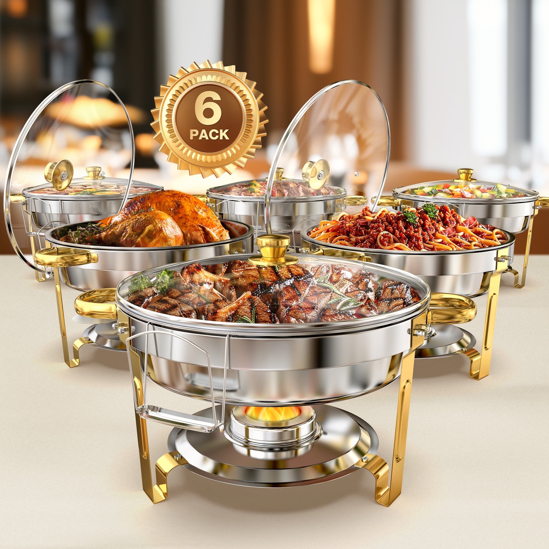 WARMOUNTS Chafing Dish Buffet Set, 5QT 6 Pack Gold Accent Stainless ...