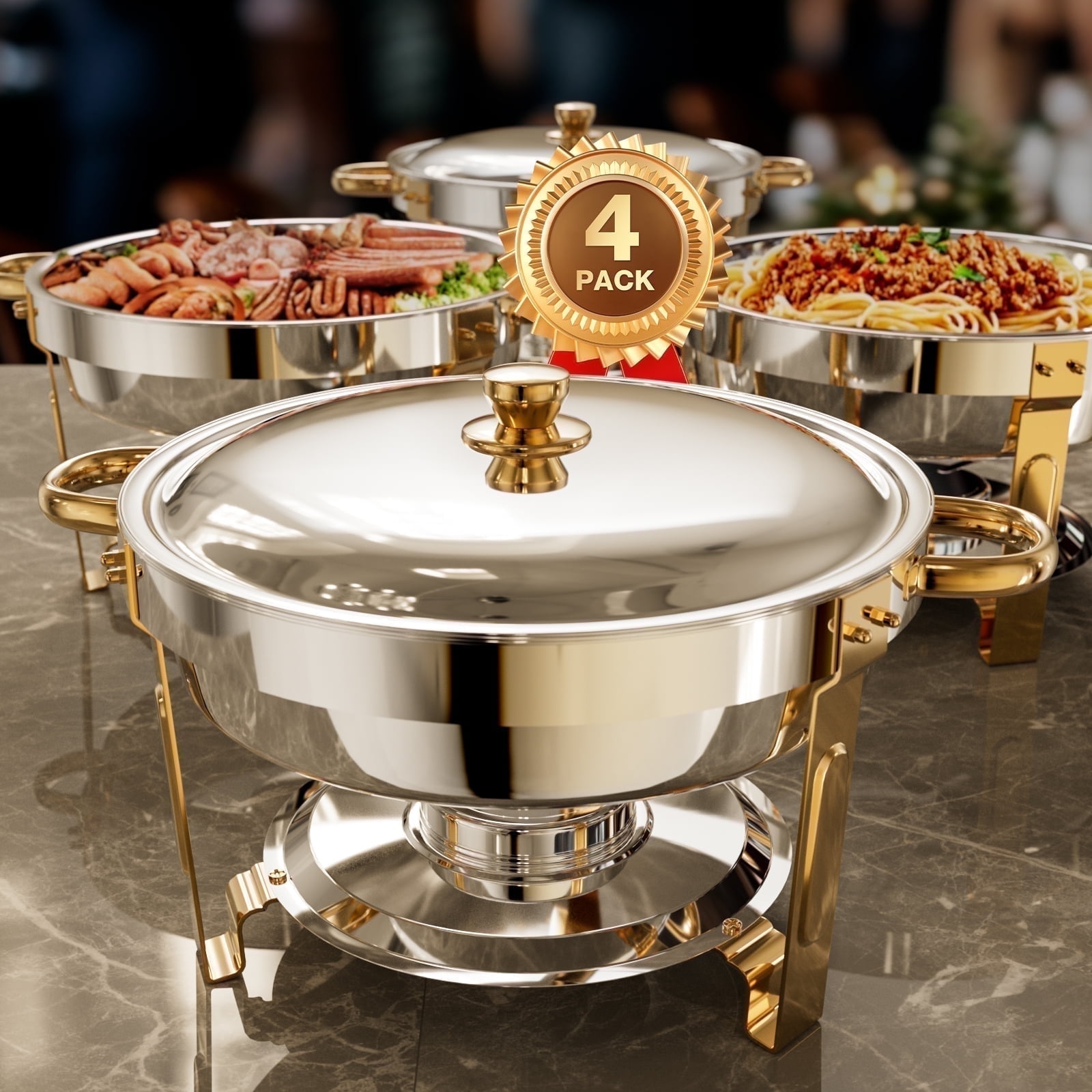 WARMOUNTS Chafing Dish Buffet Set, 5QT 4 Pack Gold Accent Stainless ...
