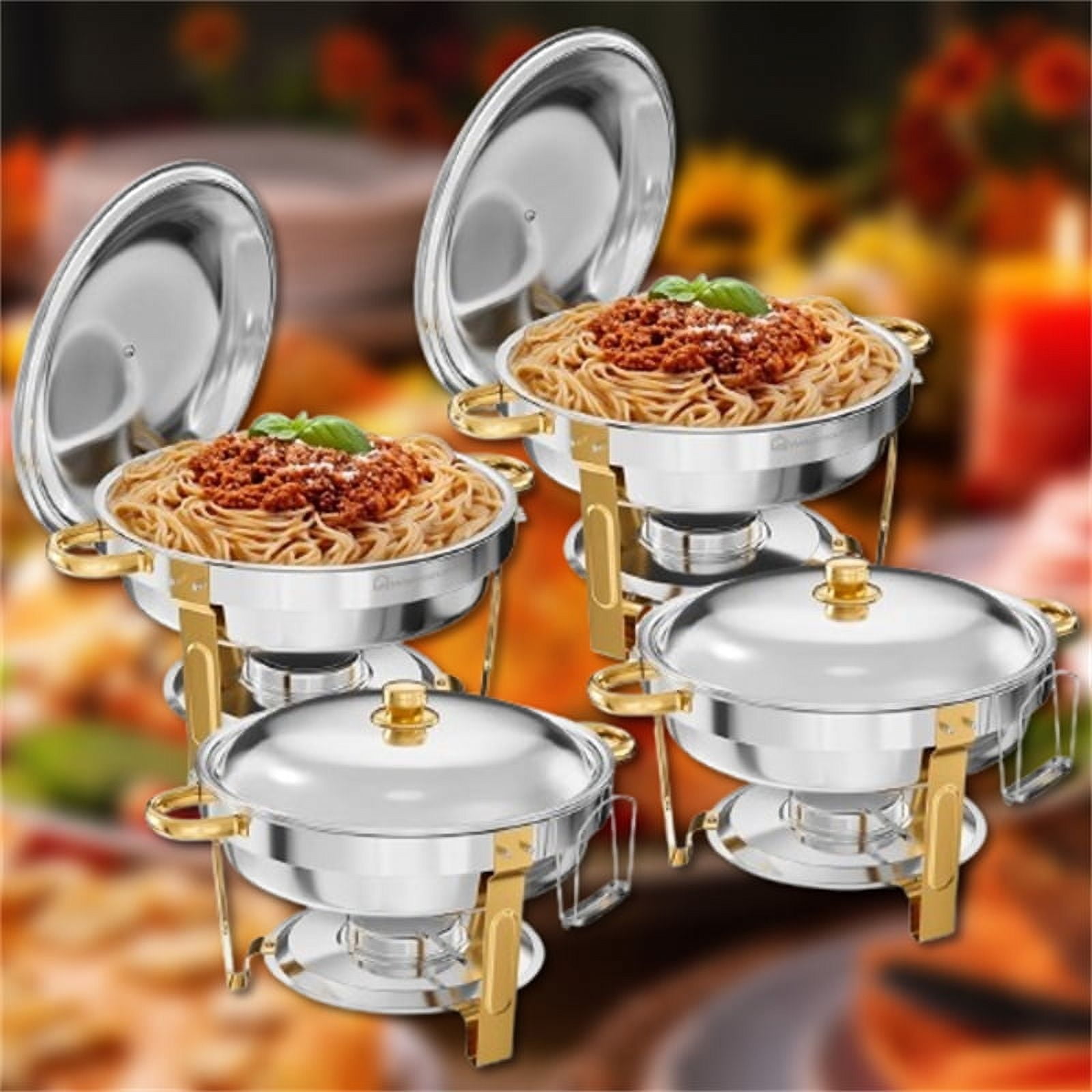 WARMOUNTS Chafing Dish Buffet Set, 5QT 6 Pack Gold Accent Stainless ...