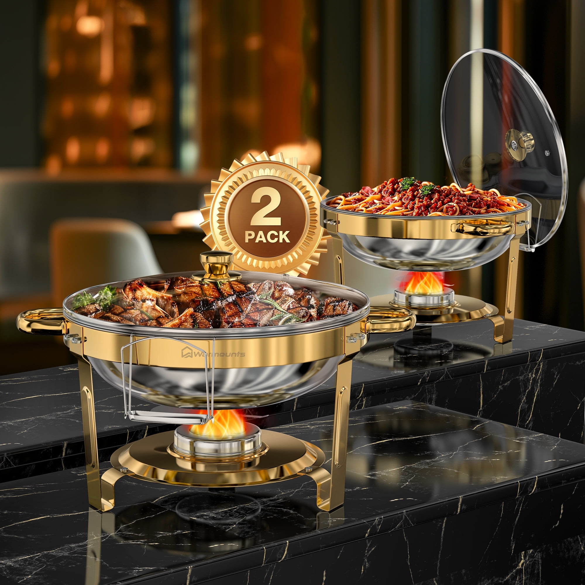 WARMOUNTS Chafing Dish Buffet Set, 5QT 2 Pack Upgrade Gold Accent Stainless Steel Chafers and ...