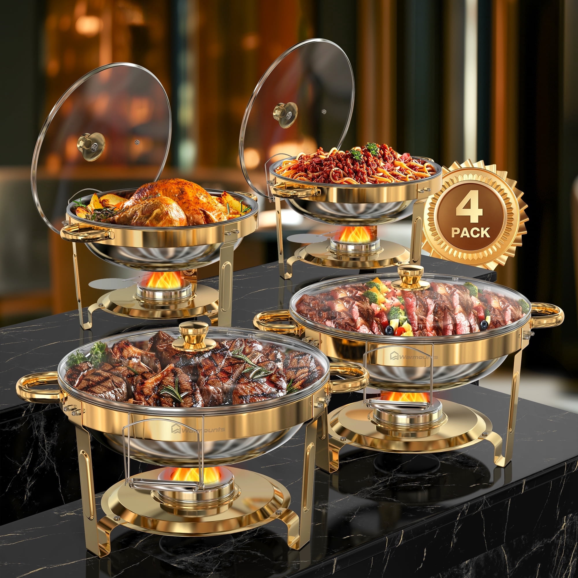 WARMOUNTS Chafing Dish Buffet Set, 5QT 4 Pack Upgrade Gold Accent ...