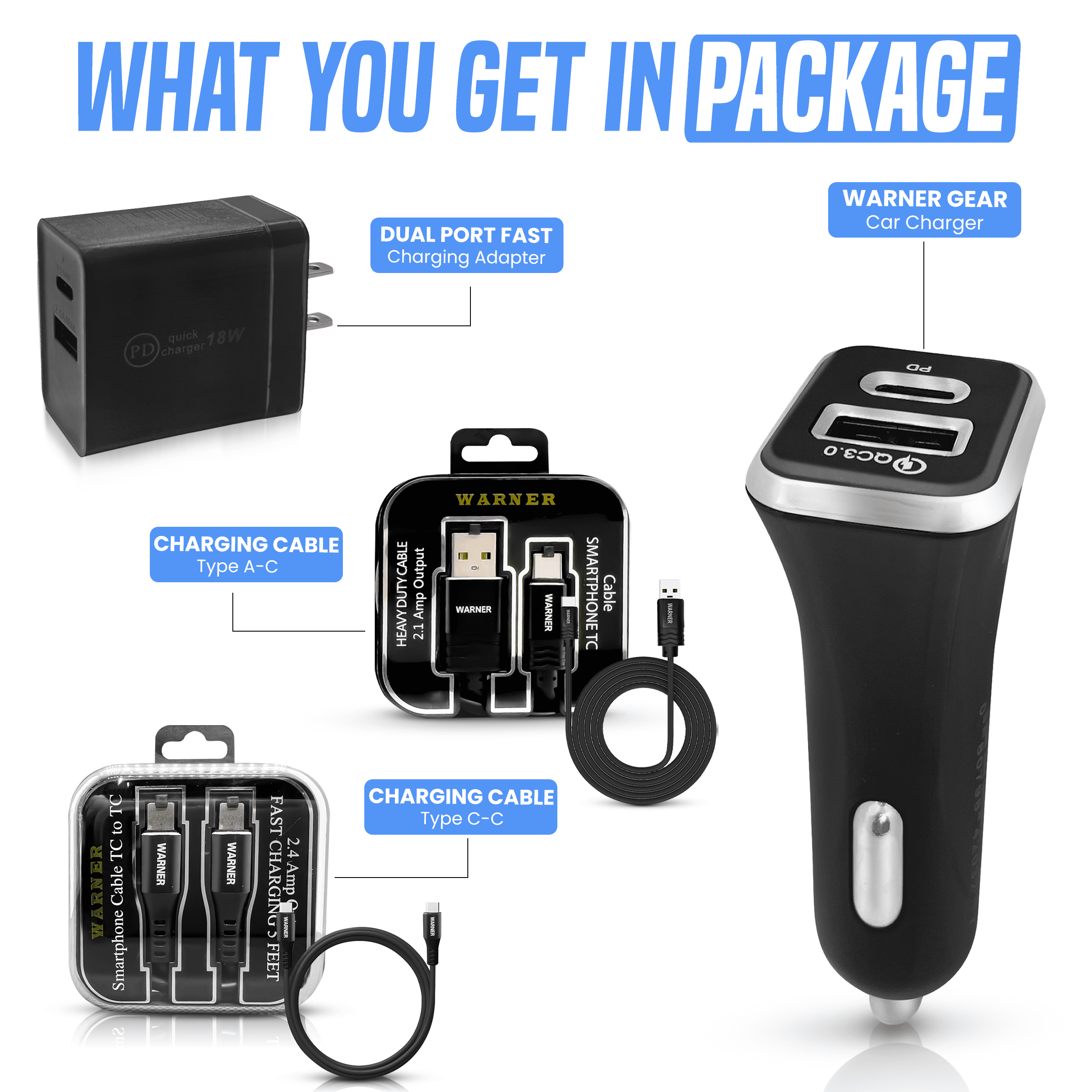 WARNER 4-in-1 Fast Charging Set | 2.1A Heavy Duty Cable, 5ft TC Cable ...