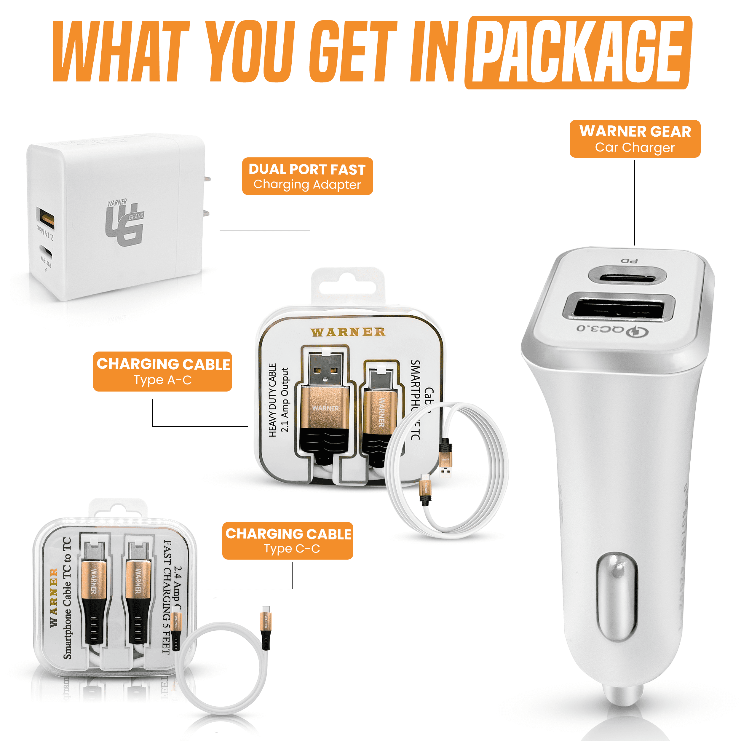 WARNER 4-in-1 Fast Charging Set | 2.1A Heavy Duty Cable, 5ft TC Cable ...