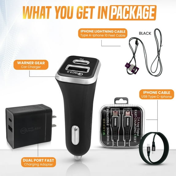 WARNER 4-in-1 iOS Fast Charging Combo Set | 5ft TC to Phone Cable, PD ...