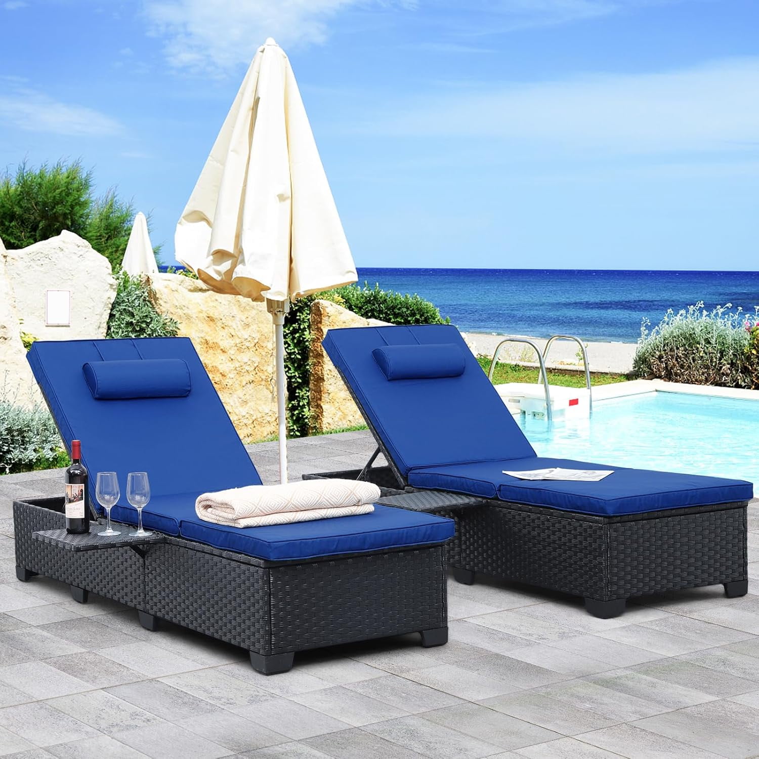WAROOM Outdoor PE Wicker Chaise Lounge Chairs Set of 2 Patio Black Rattan Reclining Chair ...