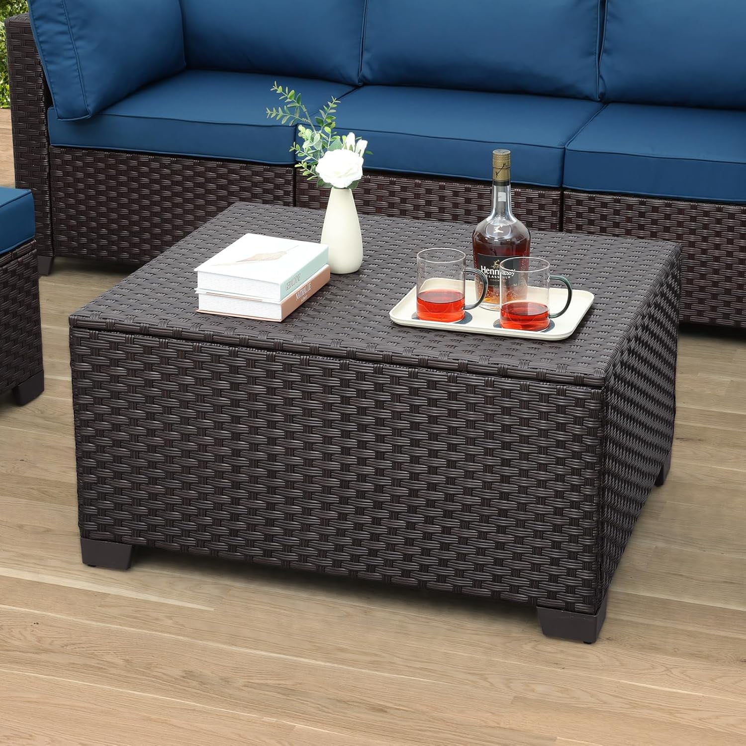 WAROOM Outdoor PE Wicker Coffee Table - Resin Rattan Patio Table Garden Furniture Backyard ...