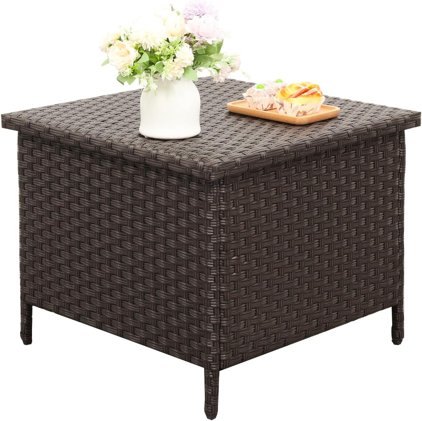 WAROOM Outdoor PE Wicker Side Table with Storage Patio End Table Resin Rattan Storage Table for ...
