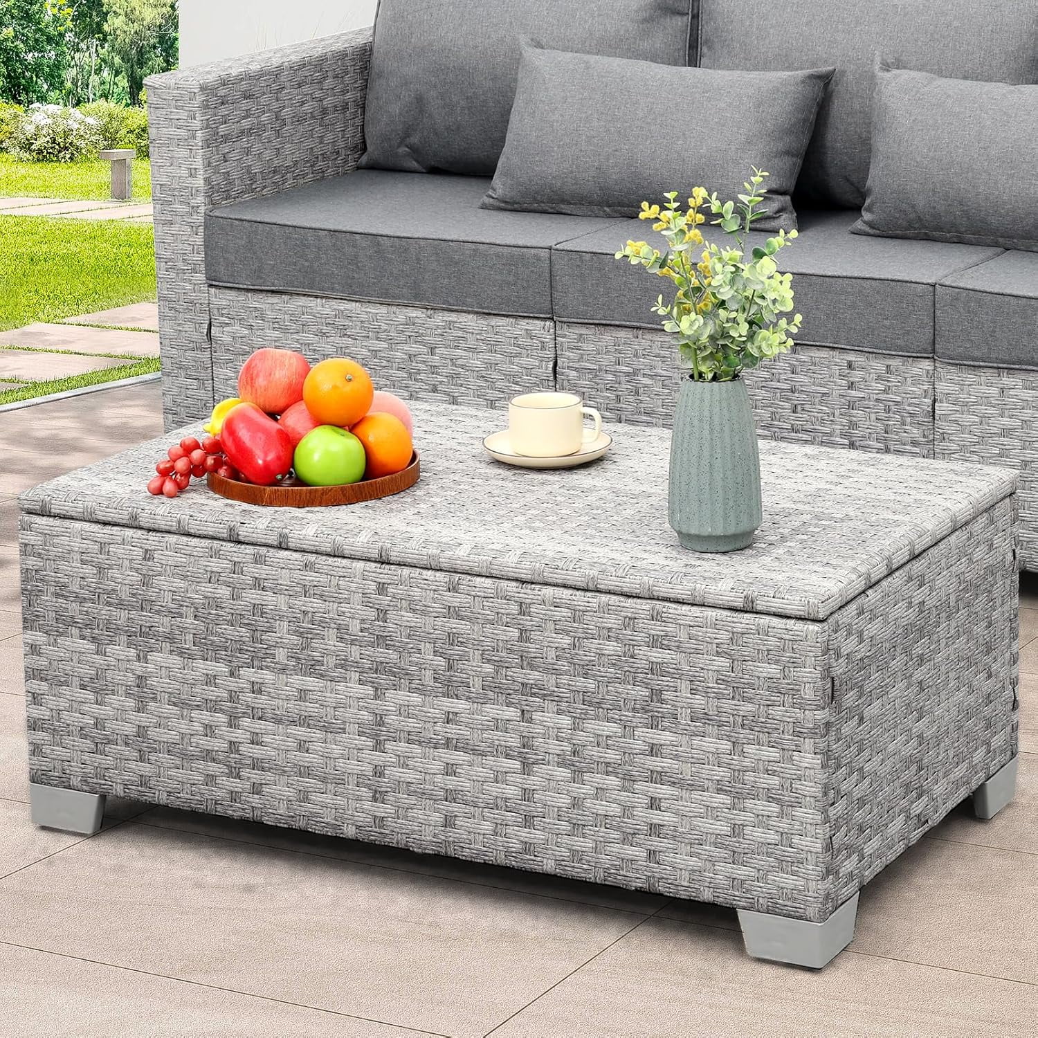 WAROOM Outdoor PE Wicker Storage Table, Resin Rattan Patio Coffee Table All Weather Ourdoor ...