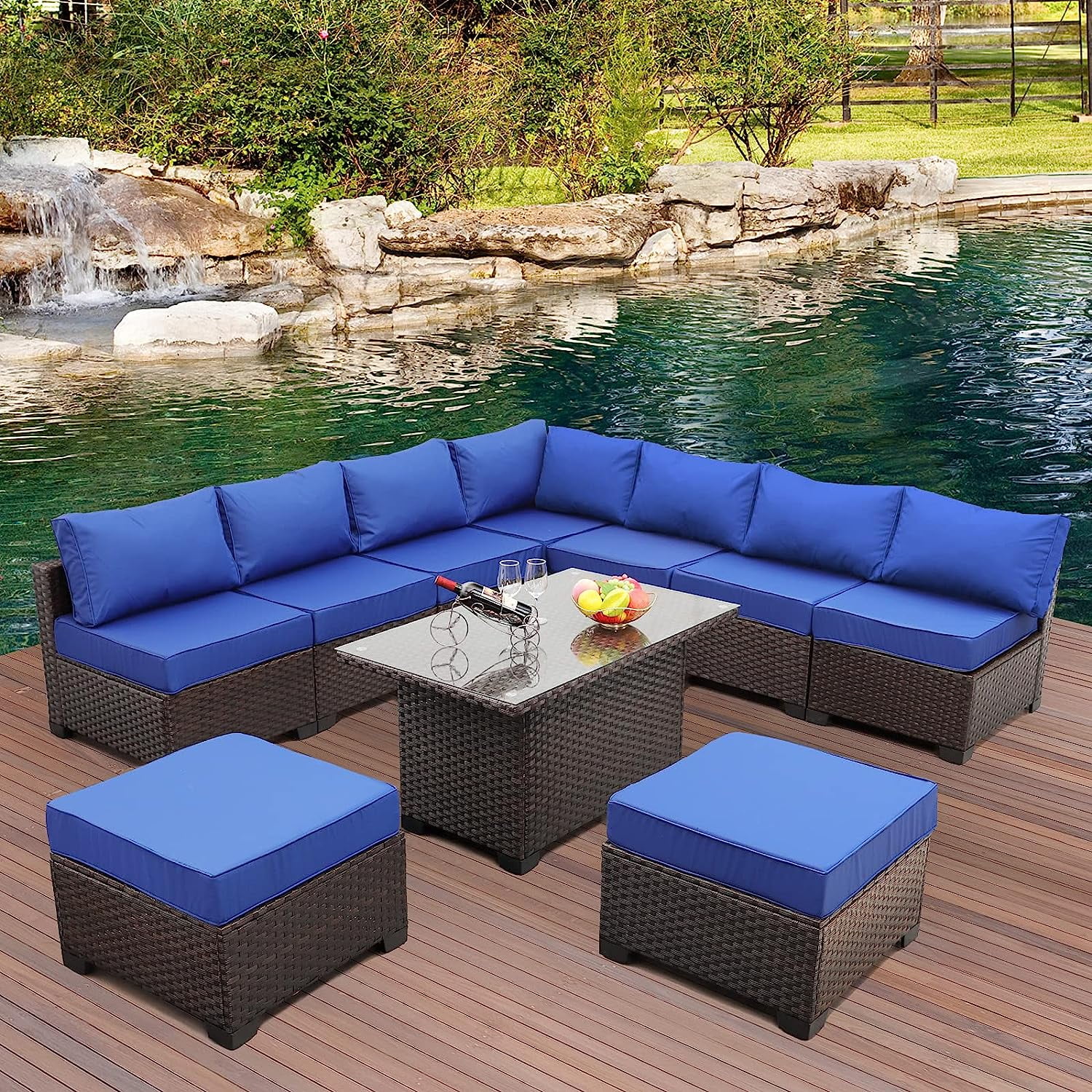 WAROOM Outdoor Patio Furniture Set 11 Piece Dark Brown Rattan Sectional Sofa PE Wicker ...