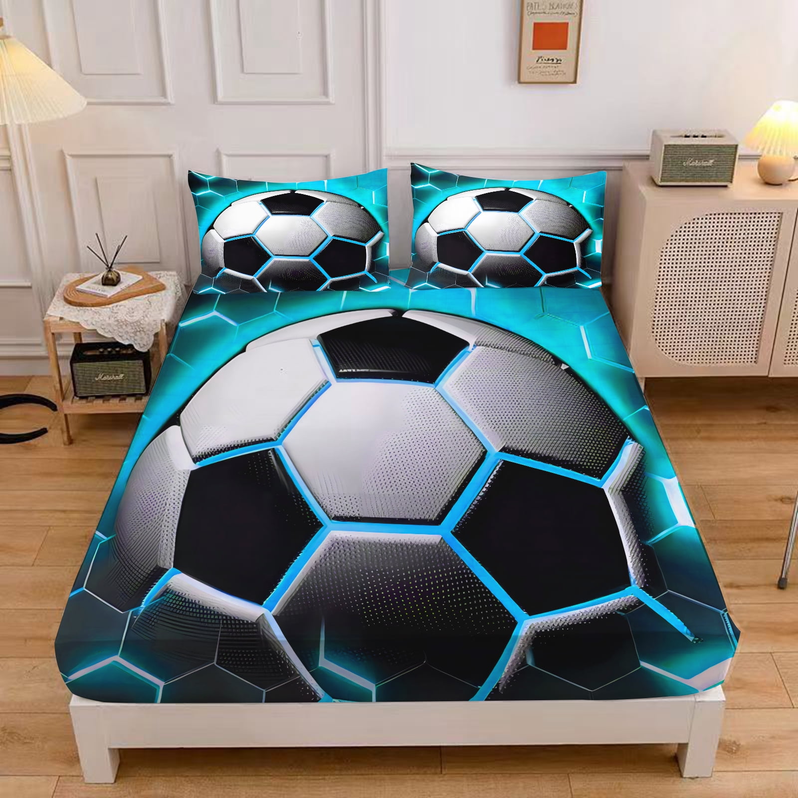 WASFDN Kids Football Sheet Set 3D Printed Soccer Fitted Sheet Sports ...