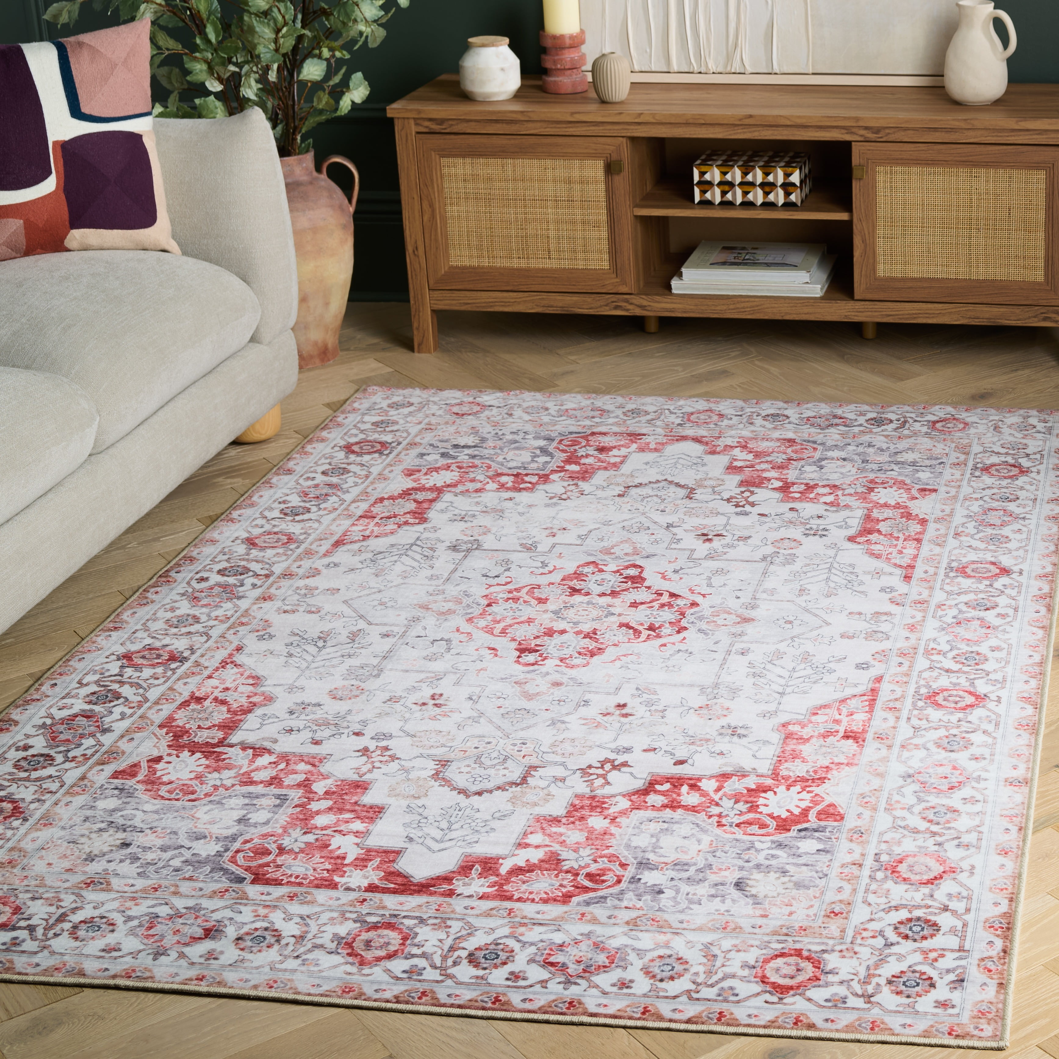 SAFAVIEH Arizona Seine Oriental Machine Washable Area Rug, Light Gray ...