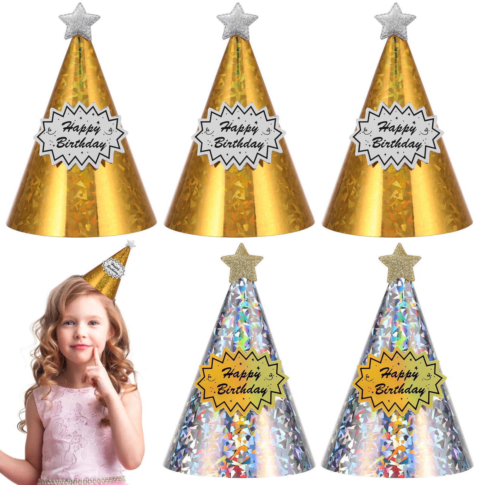 WASHWEPE Paper Birthday Hats 20Pcs For Kids In Gold And Silver With ...