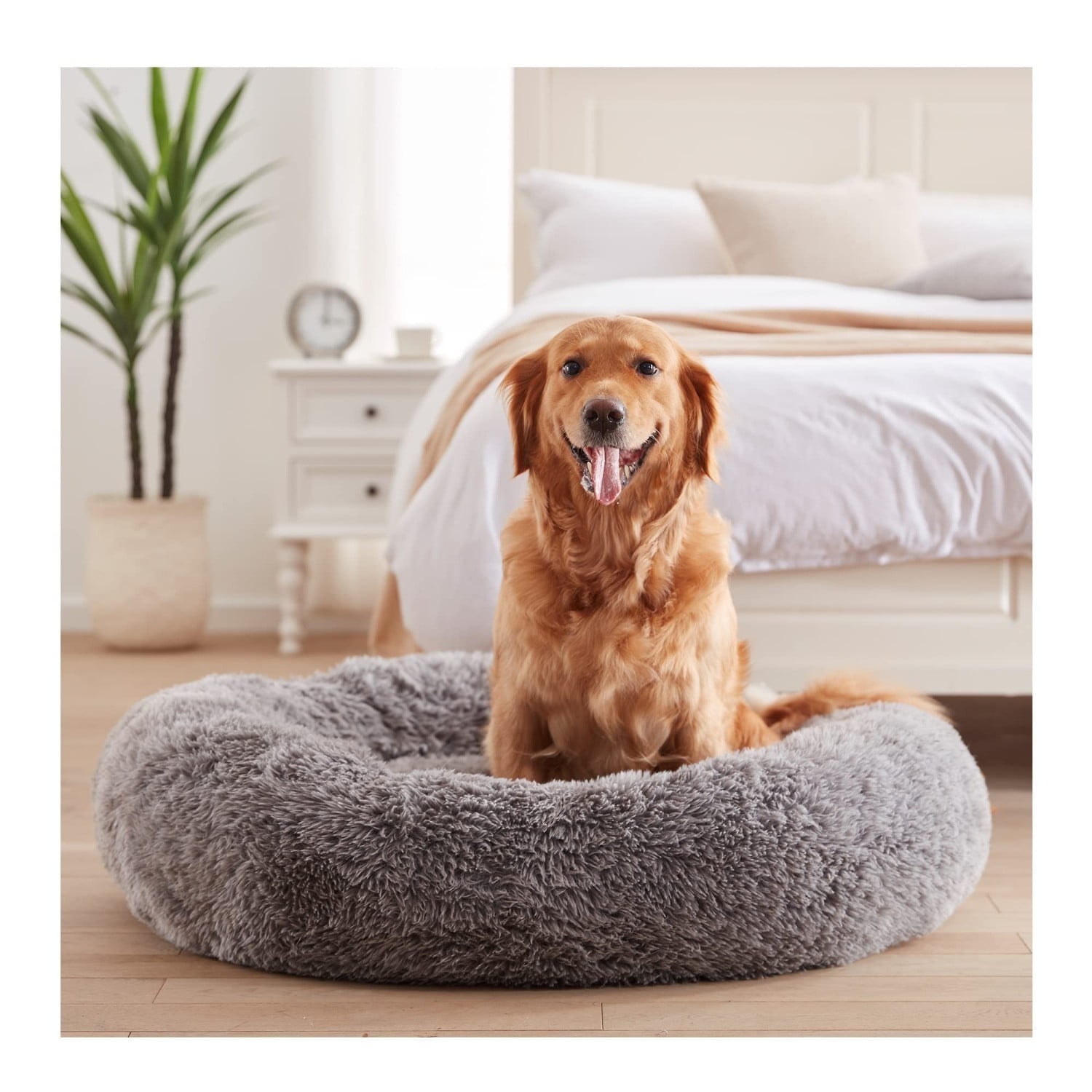 WATANIYA Calming Donut Dog Bed 34", Anti-Anxiety Cozy Soft Plush Faux Fur Round Pet Bed, Grey ...