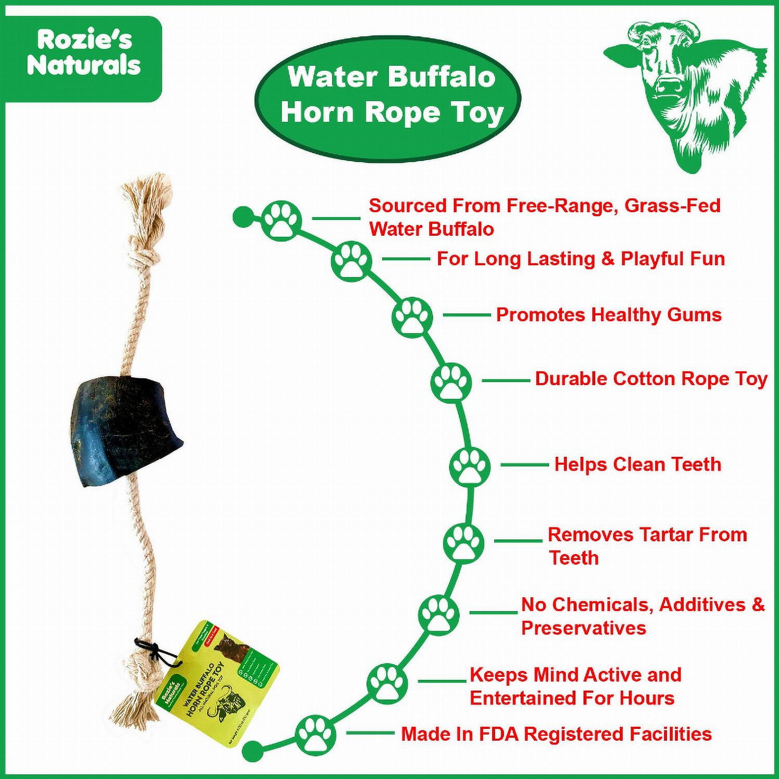 WATER BUFFALO HORN ROPE TUG TOY-100% Cotton Rope 14", Long-Lasting ...