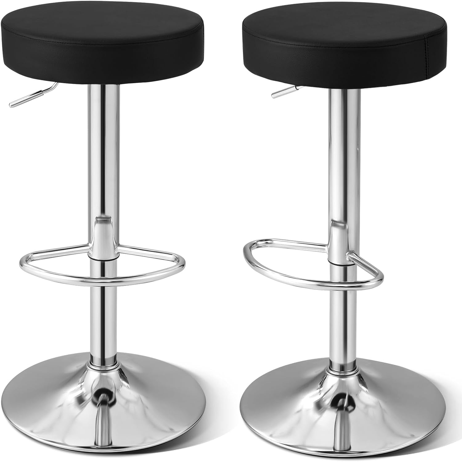 WATERJOY Adjustable Round Bar stools Set of 2, PU Seat Swivel Bar Stool ...